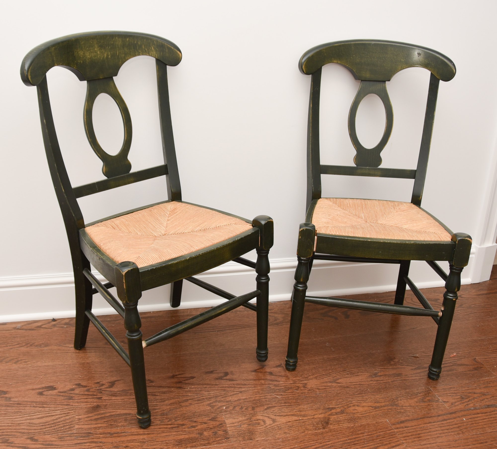 (2) French Country Dark Green Open Back Wood Thrush Seat Chairs ...