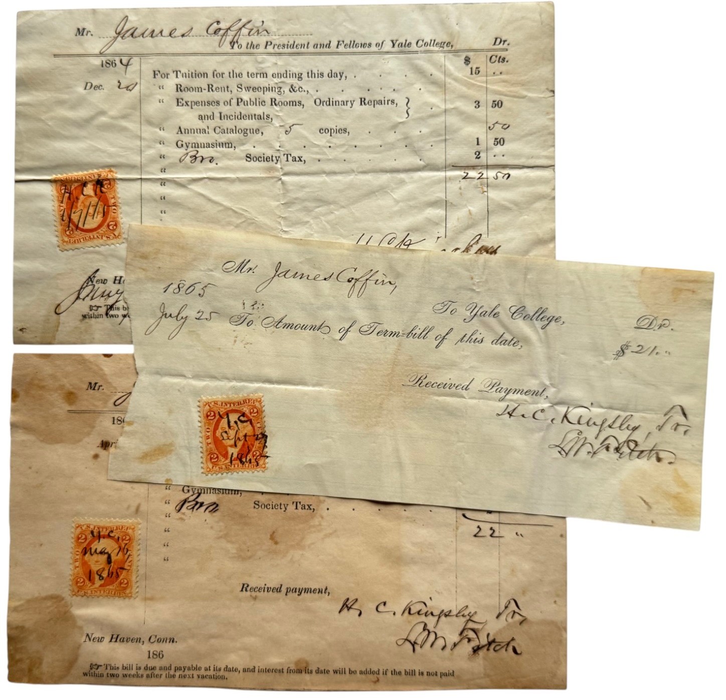 Three 1860s Yale College Tuition Receipts New Haven, Connecticut ...