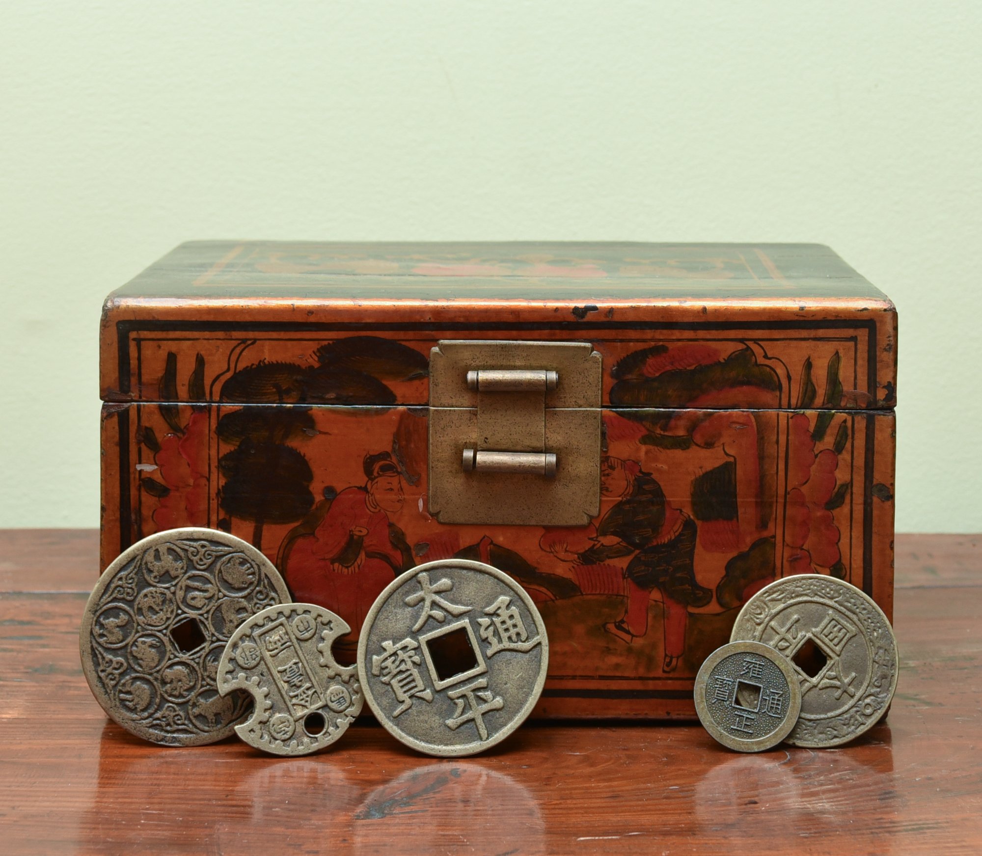 Antique Chinese Hand Painted Lacquered Box With Brass Hardware And (5 ...