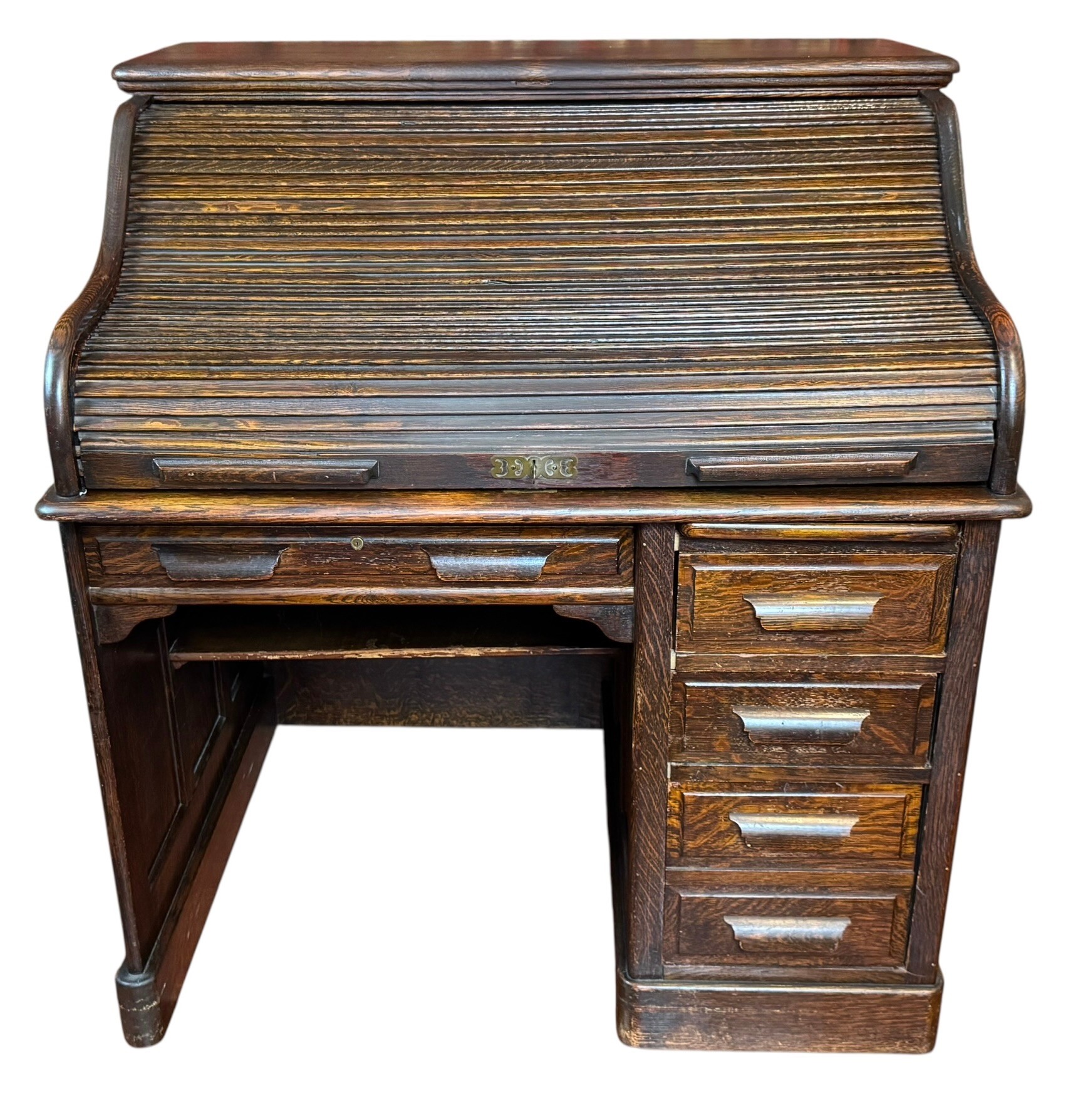 Antique Oak Roll-Top Desk With Keys Locking Drawers - Two-Piece ...