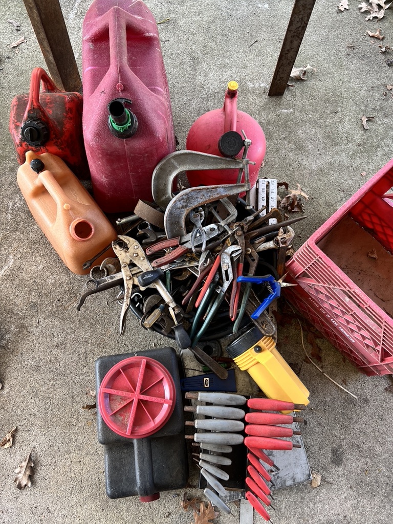 Hand Tools, C Clamps, Gas Cans, Oil Can, Yellow Flashlight, Chock FULL ...