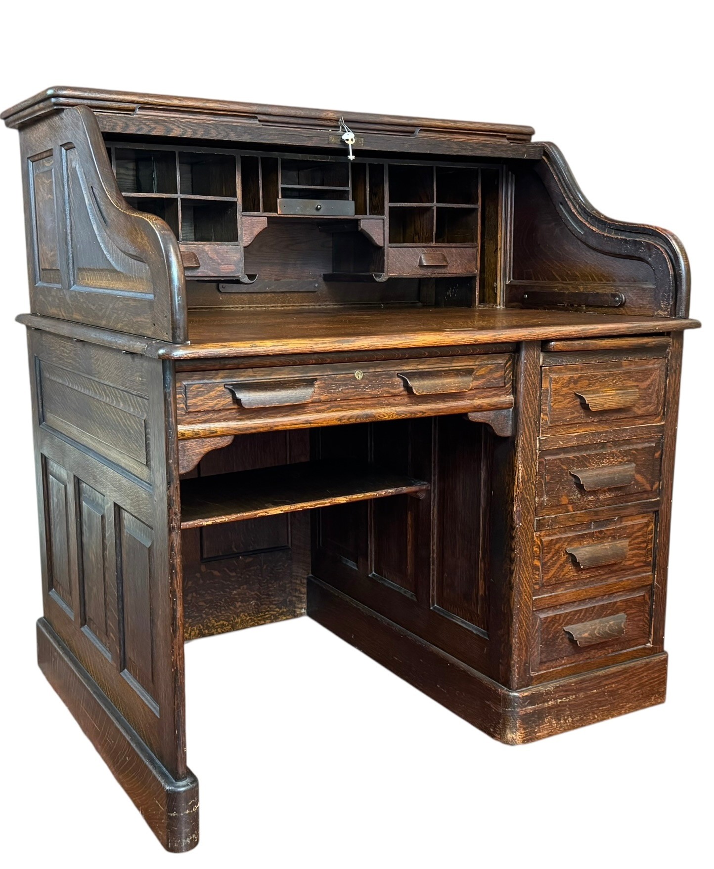 Antique Oak Roll-Top Desk With Keys Locking Drawers - Two-Piece ...
