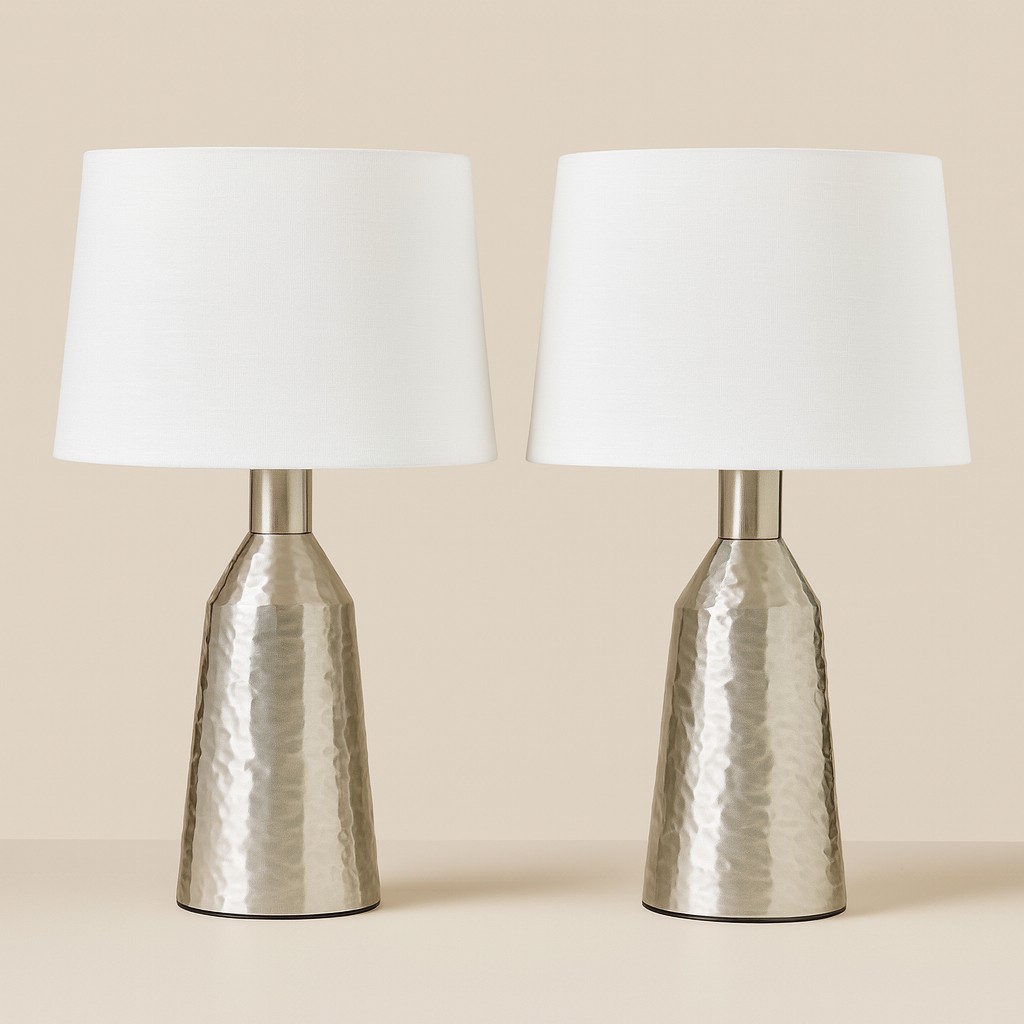 Double Your Glow! Pair Of Hammered Metal Table Lamps With White Shades ...