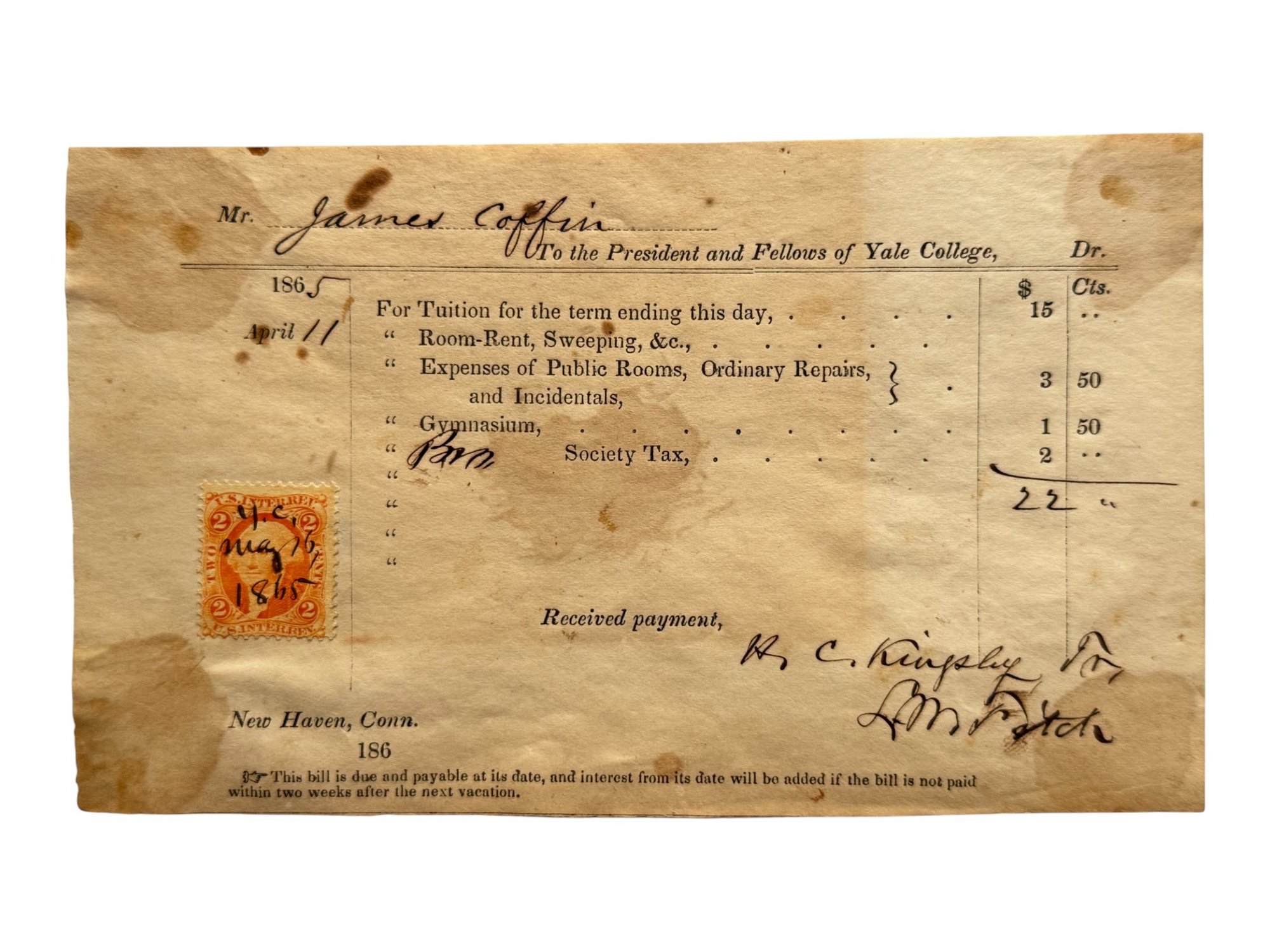 Three 1860s Yale College Tuition Receipts New Haven, Connecticut ...