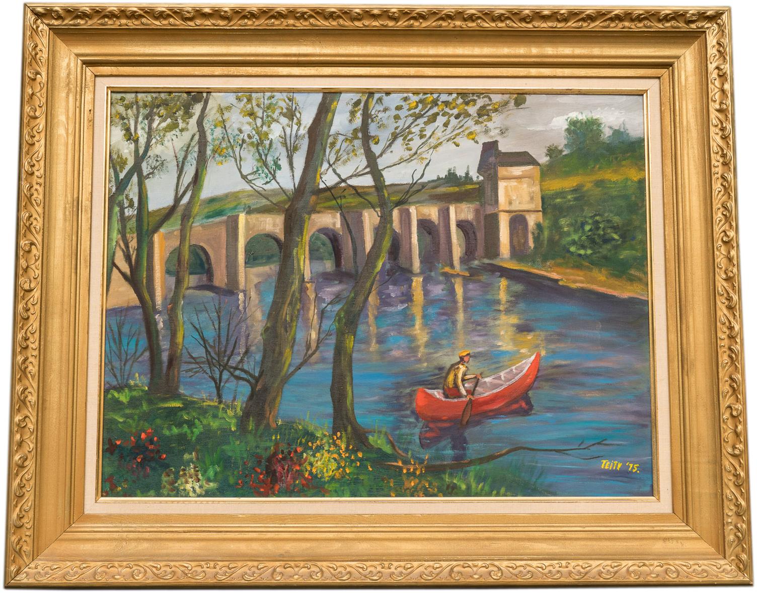 Signed Teity '75 Man In A Boat By A Bridge Oil On Board Painting ...