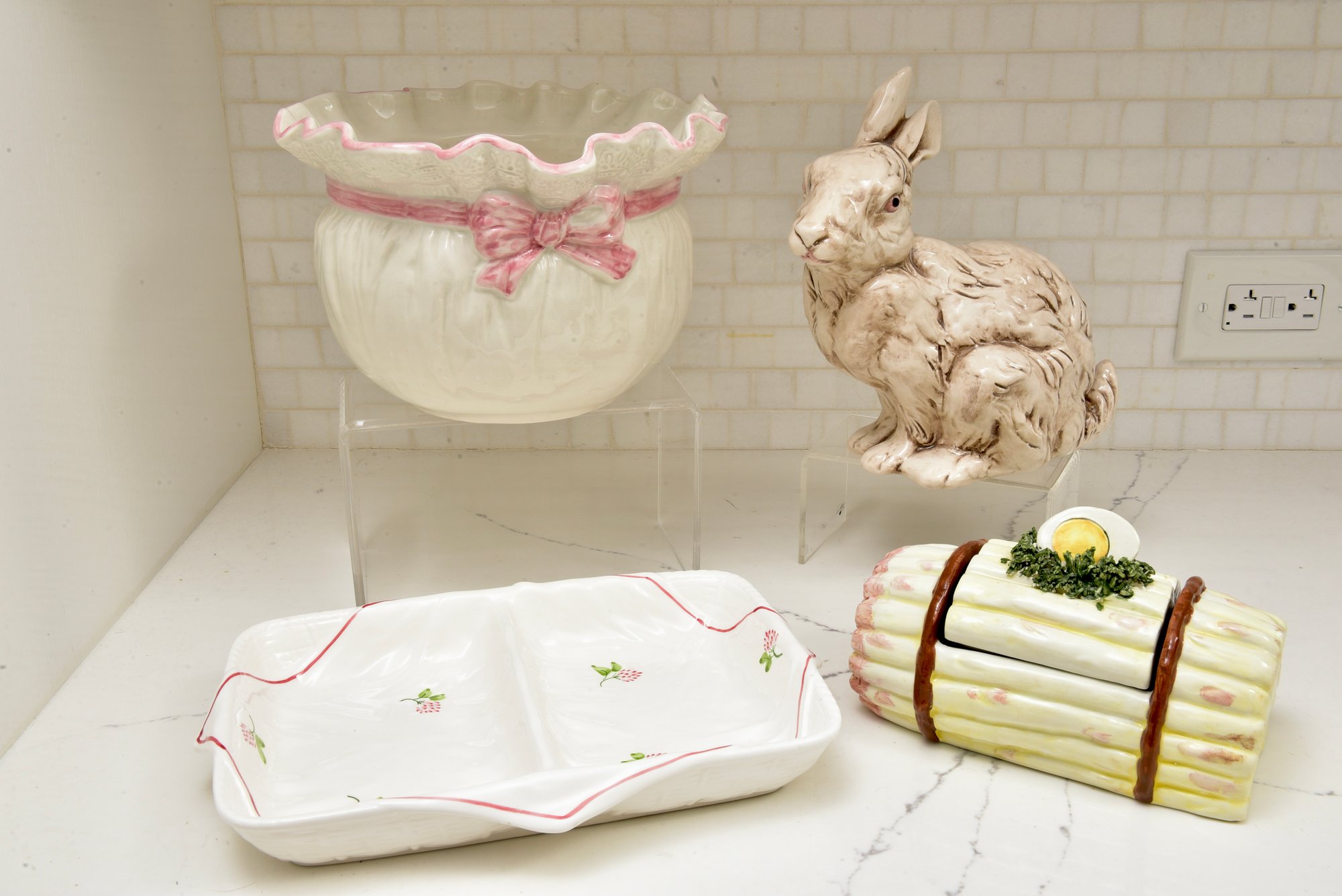 Majolica Porcelain Asparagus Lidded Box, Italian Pink Bowl, Shafford ...