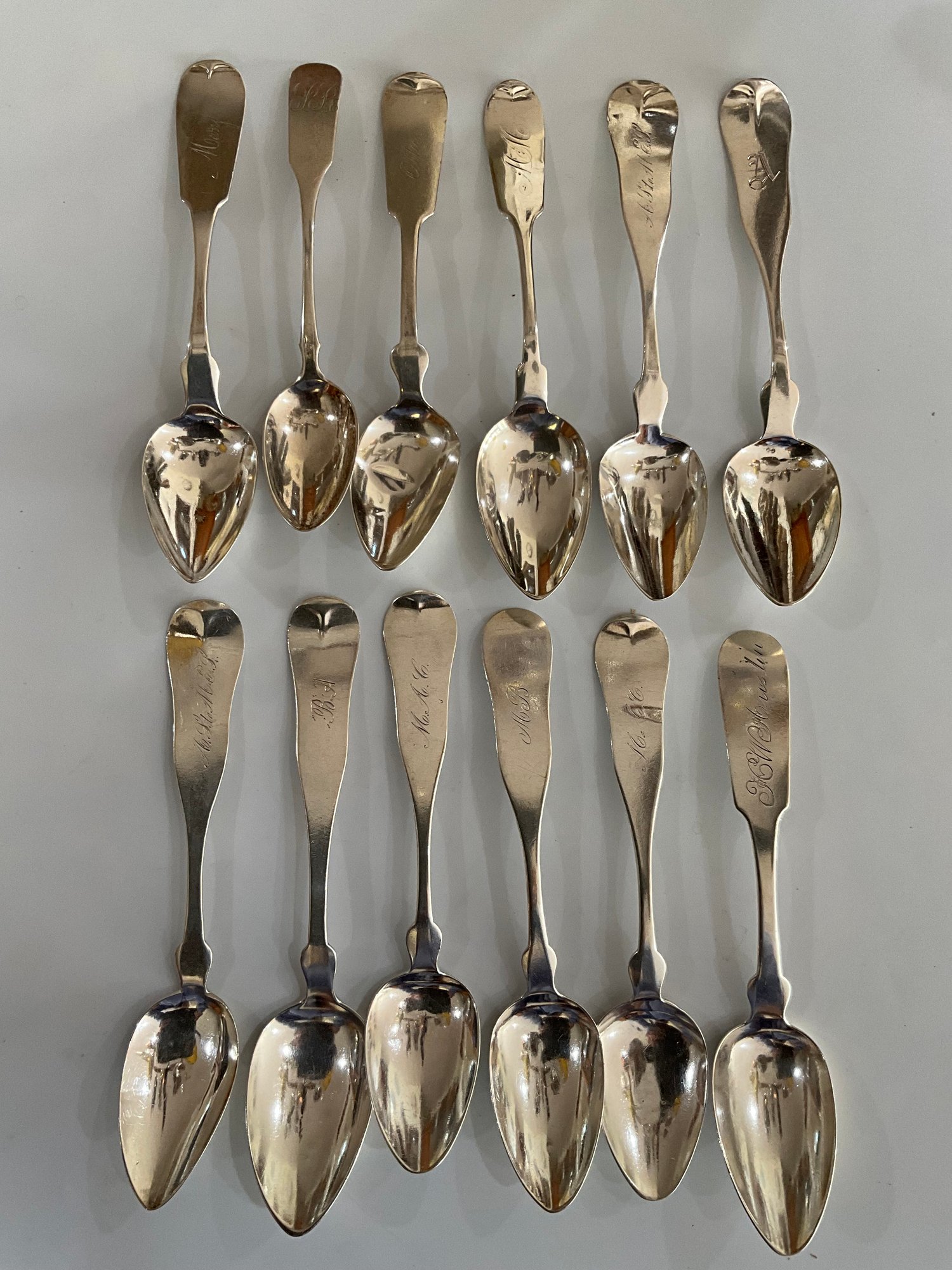 Great Lot Of 12 Coin Fiddleback Spoons #40811147 | Auctionninja.com