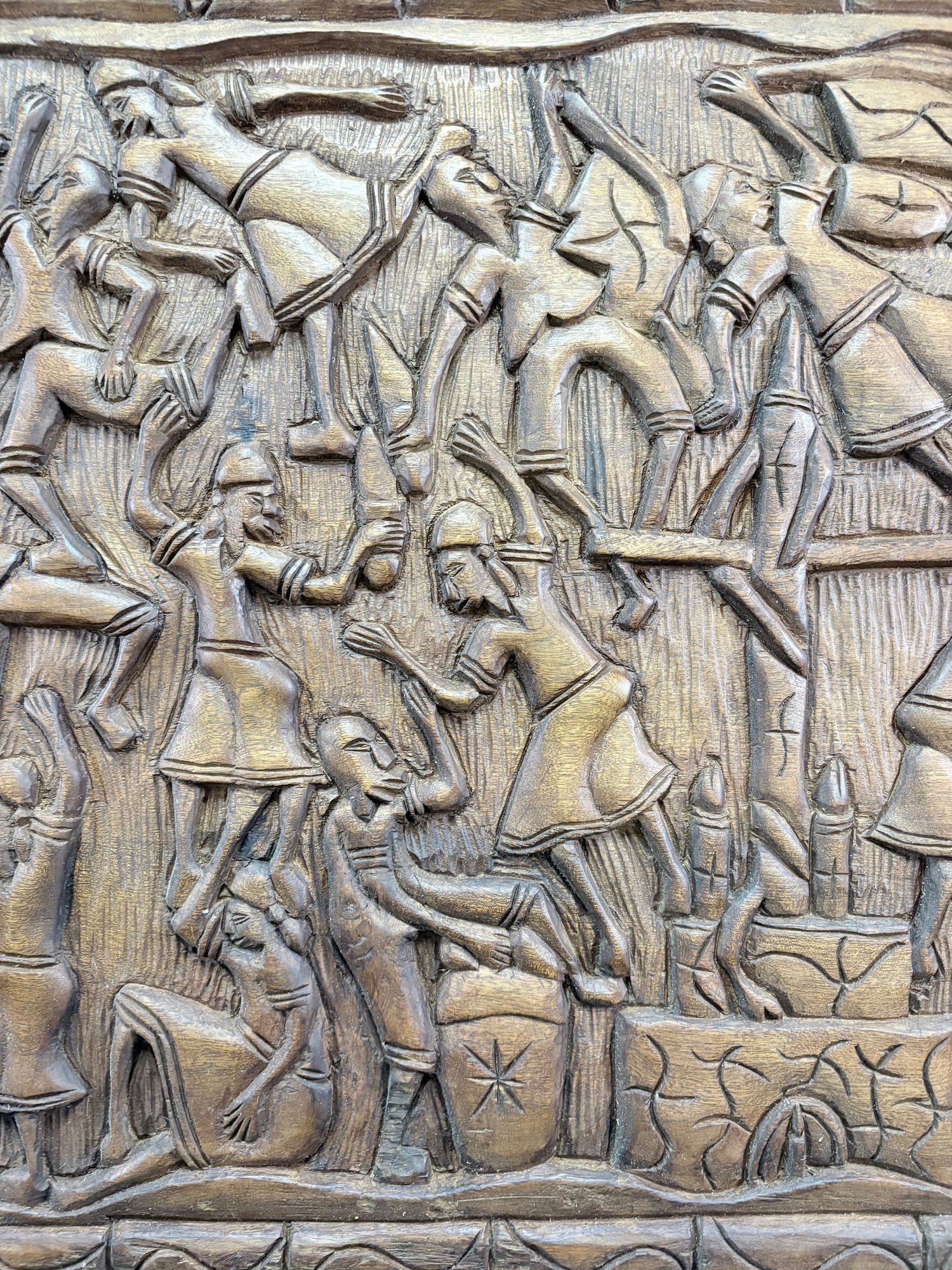 Pair Of West African Hand-Carved Bas-Relief Wood Panels Of Communal ...