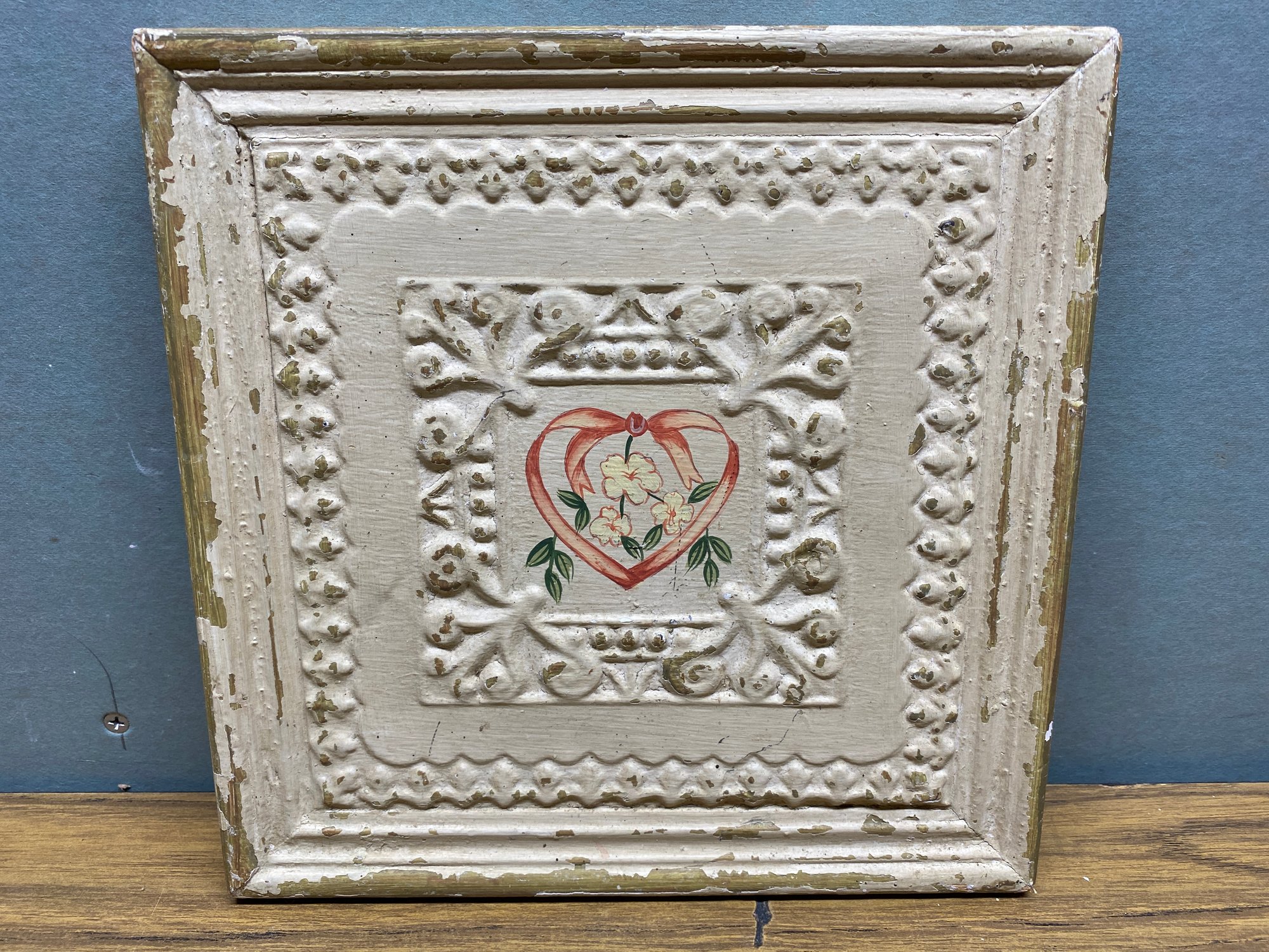 Antique Wood Tile Block With Distressed Paint And Ribbon Heart And ...