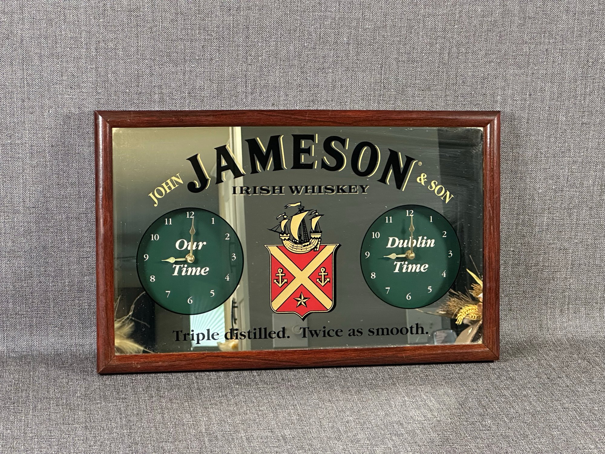 Home Bar Decor: A Vintage Jameson Mirror With US & Irish Clocks ...