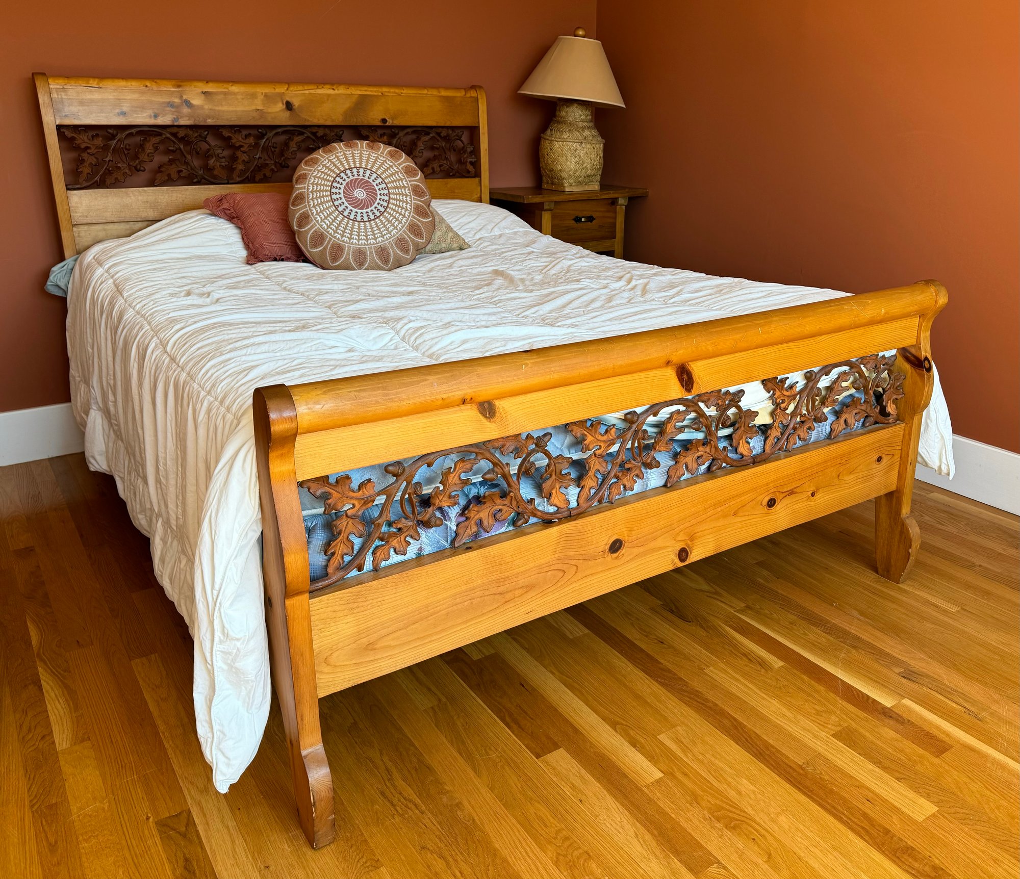 Solid Pine Bed Frame With Cast Iron Oak Leaf And Branch Motif #1949974 ...