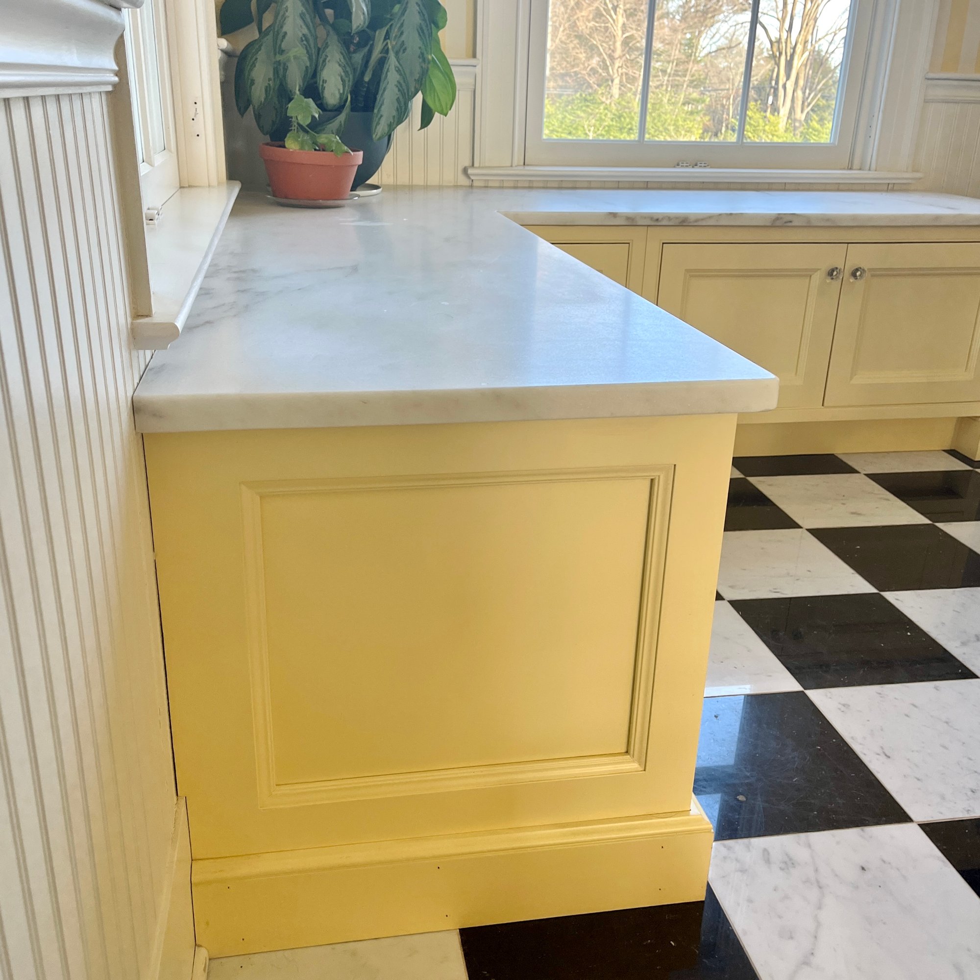Corner Window Seating - Calacatta Gold Marble Top - Custom Cabinetry ...