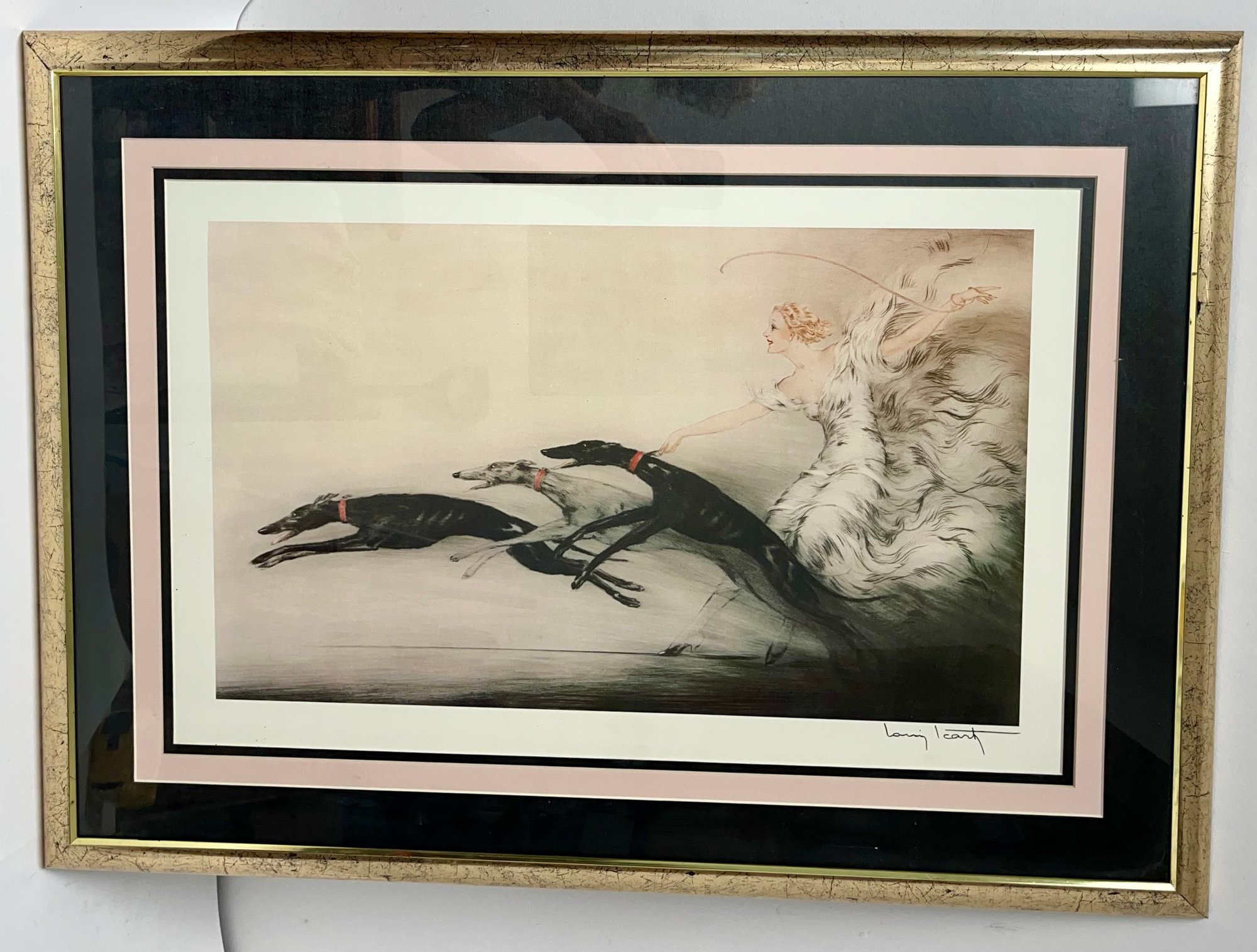 Vintage Louis Icart Print - Speed - Woman & Greyhound Dogs - 1980s Pink ...