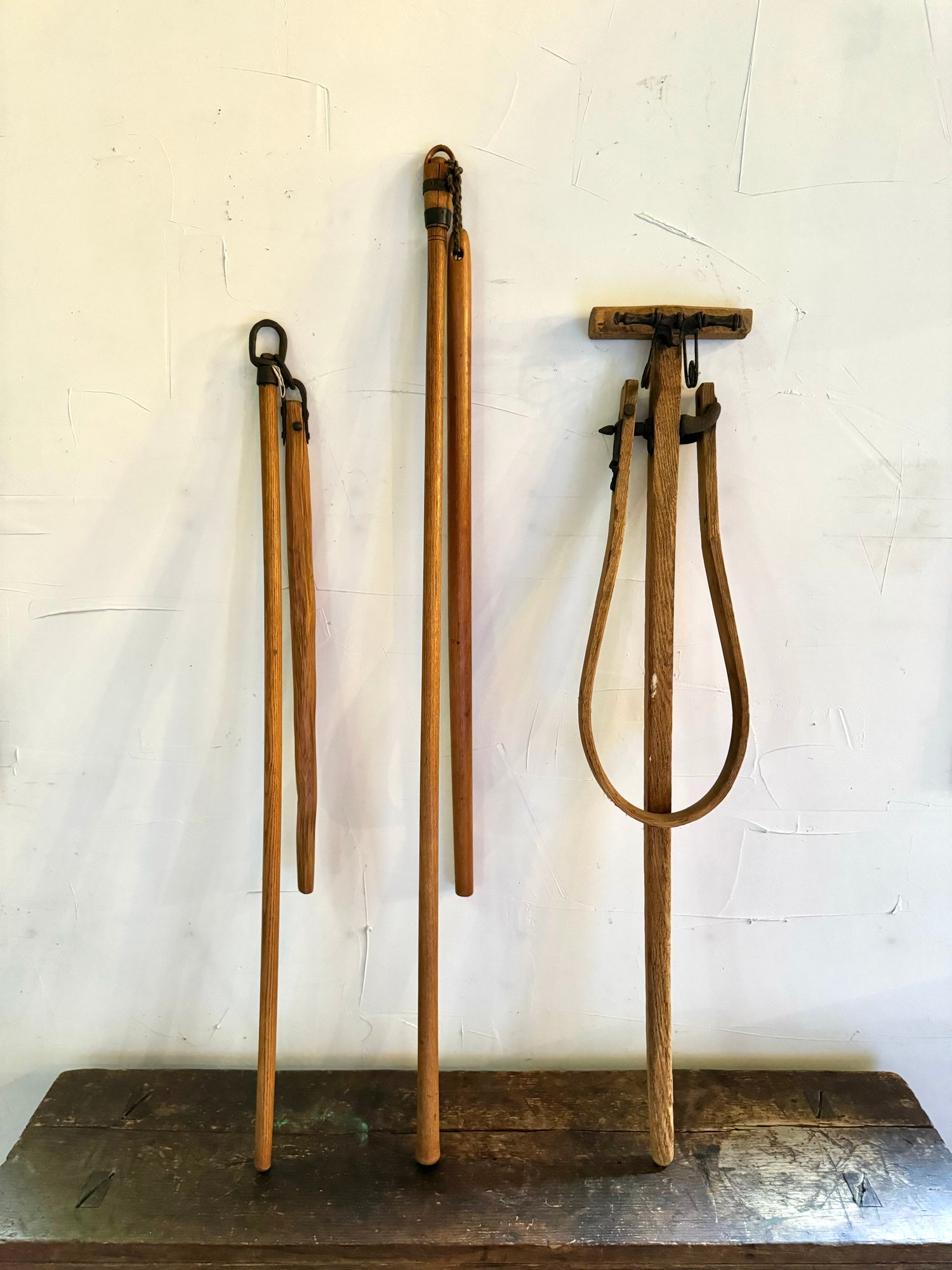 Two Carved Oak Flail Irons & Primitive Farm Yoke #1955925 ...