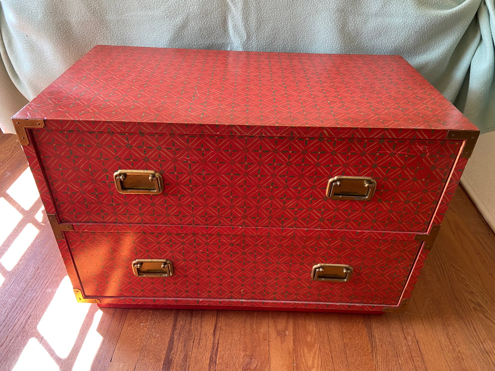 Vermilion Color Hand Painted Gold And Green Diamond Pattern 2 Drawer ...