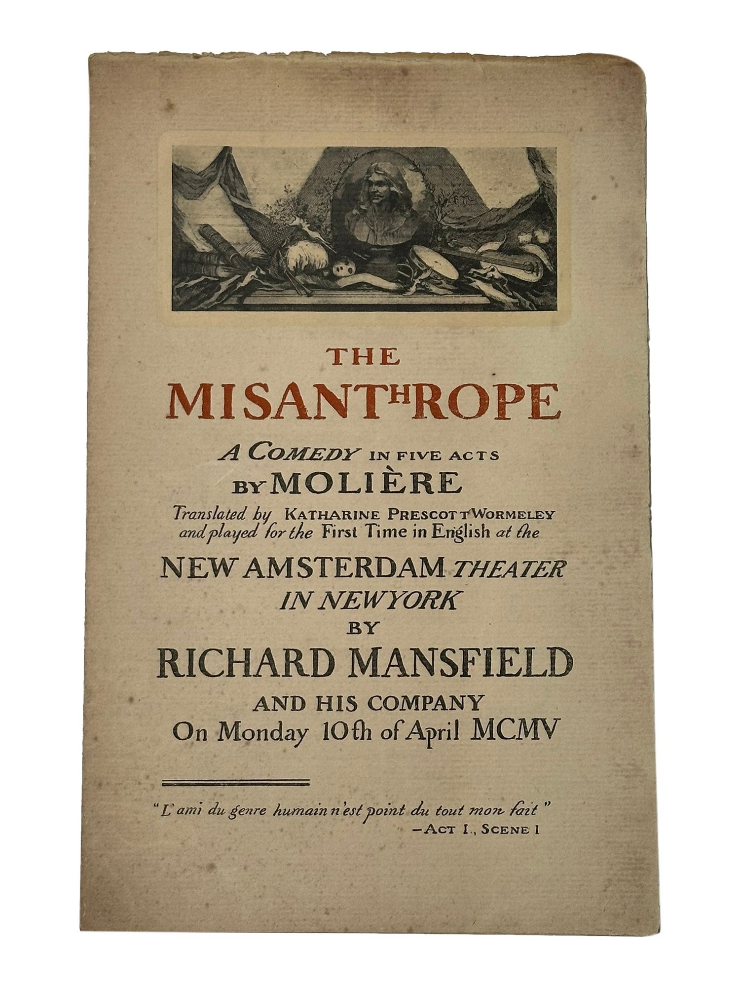1905 Playbill W/ Engraving "The Misanthrope" Moliere, New Amsterdam ...