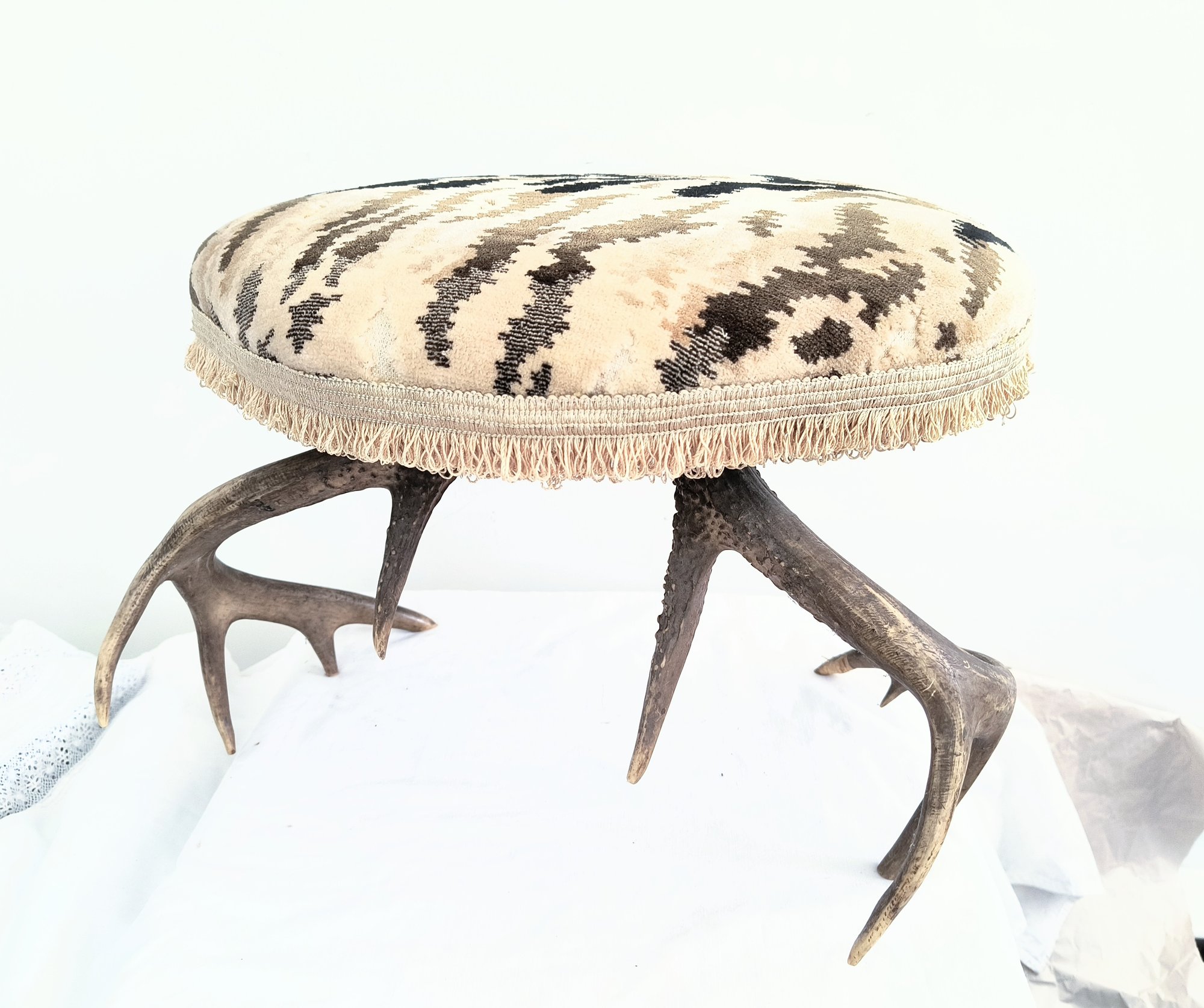 Unusual Footstool / Ottoman With Antler Legs And Velvet Fabric #1922798 ...
