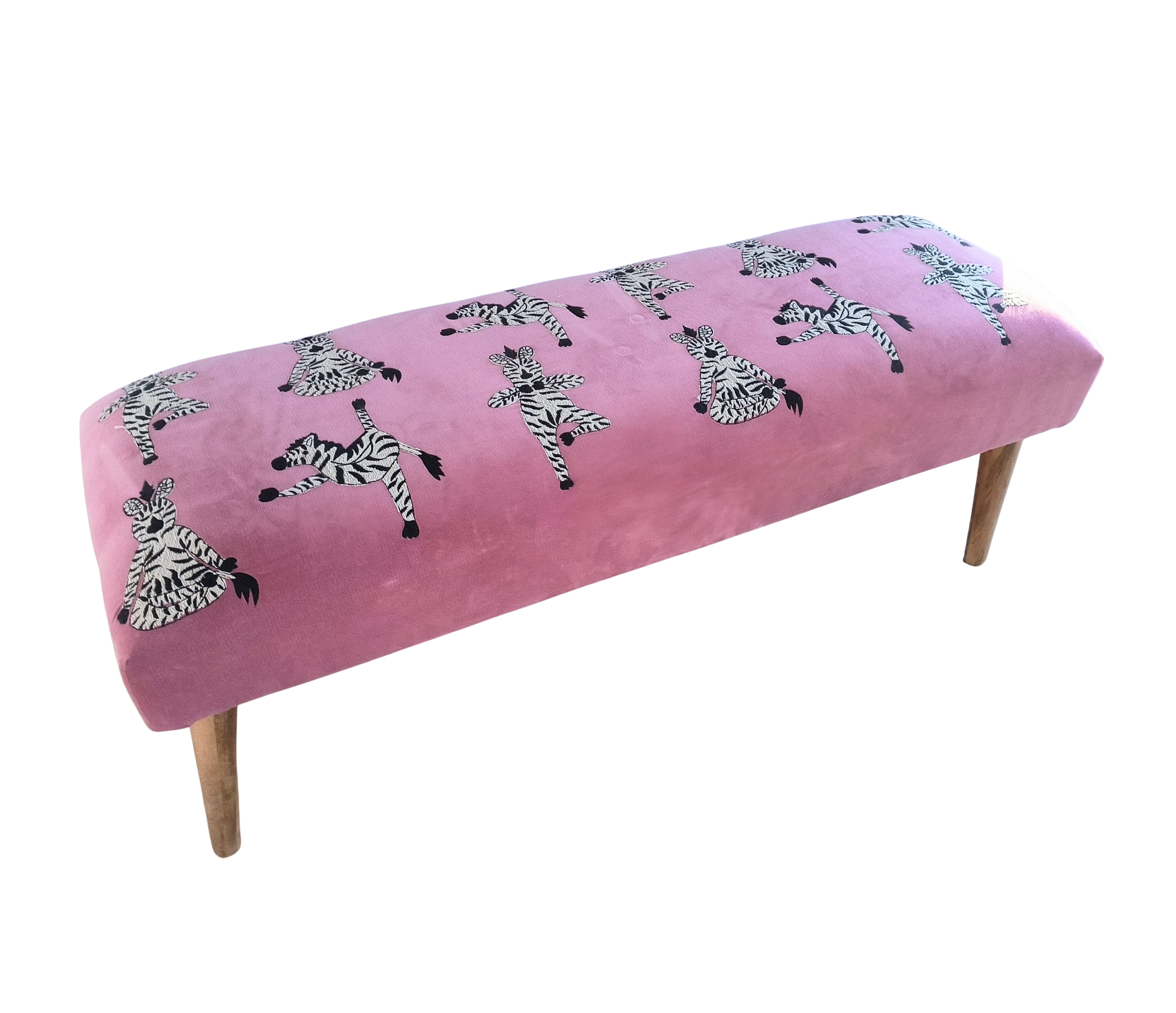 Charming Velvet Rose Pink Bench With Zebra Appliques And Splay Legs In ...