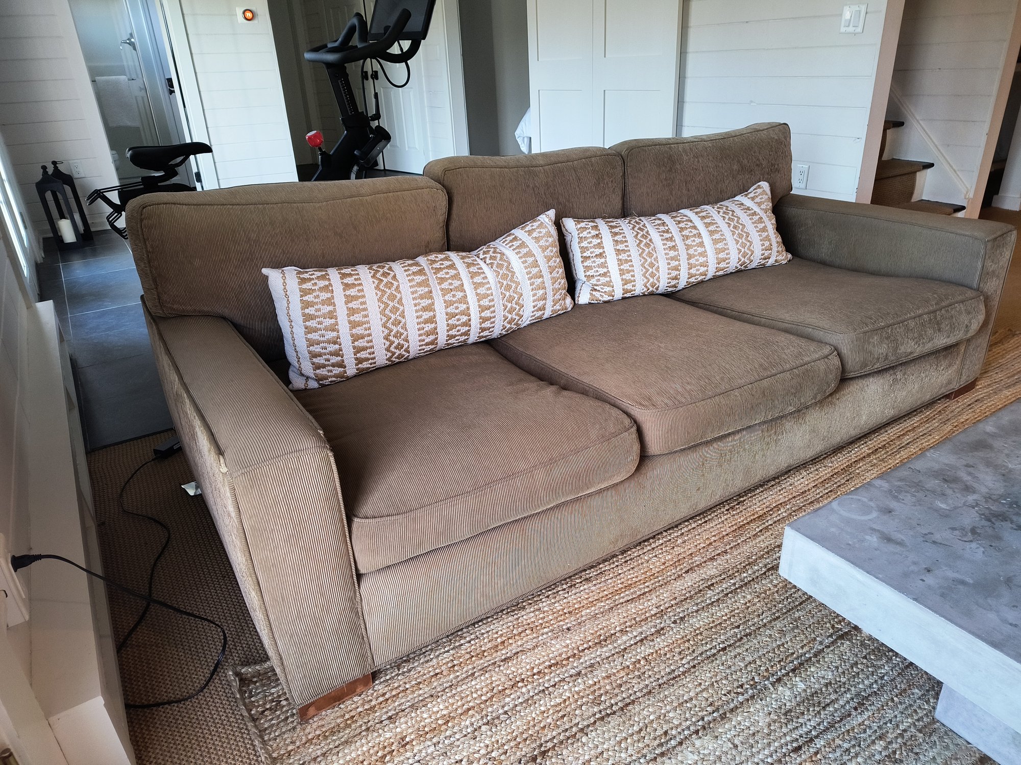 Three Seater Sofa / Couch In A Corduroy Fabric With Bolster Pillows ...