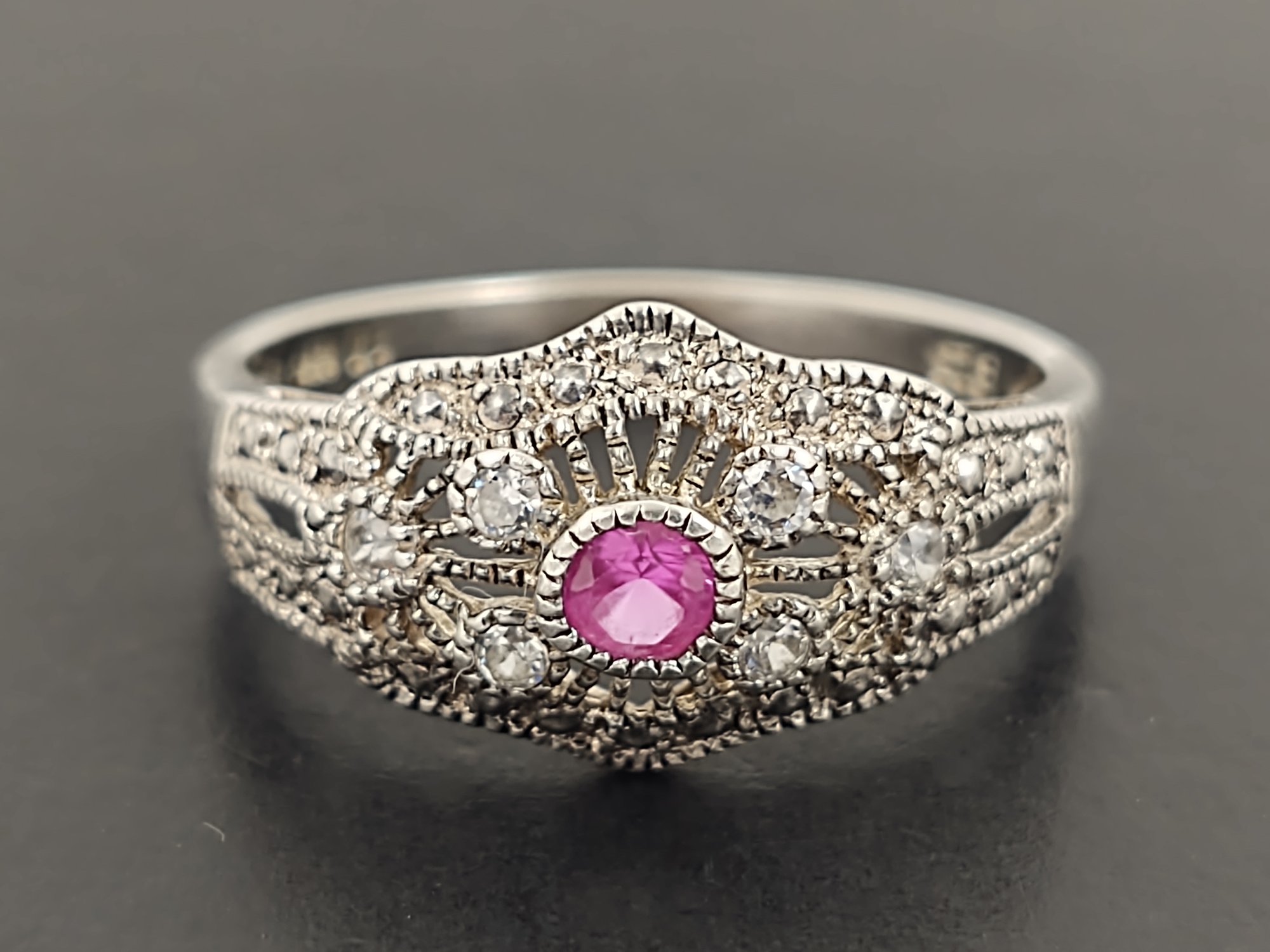 Vintage Art Deco Style Sterling Silver Filigree Ruby & CZ Ring #2099564 ...