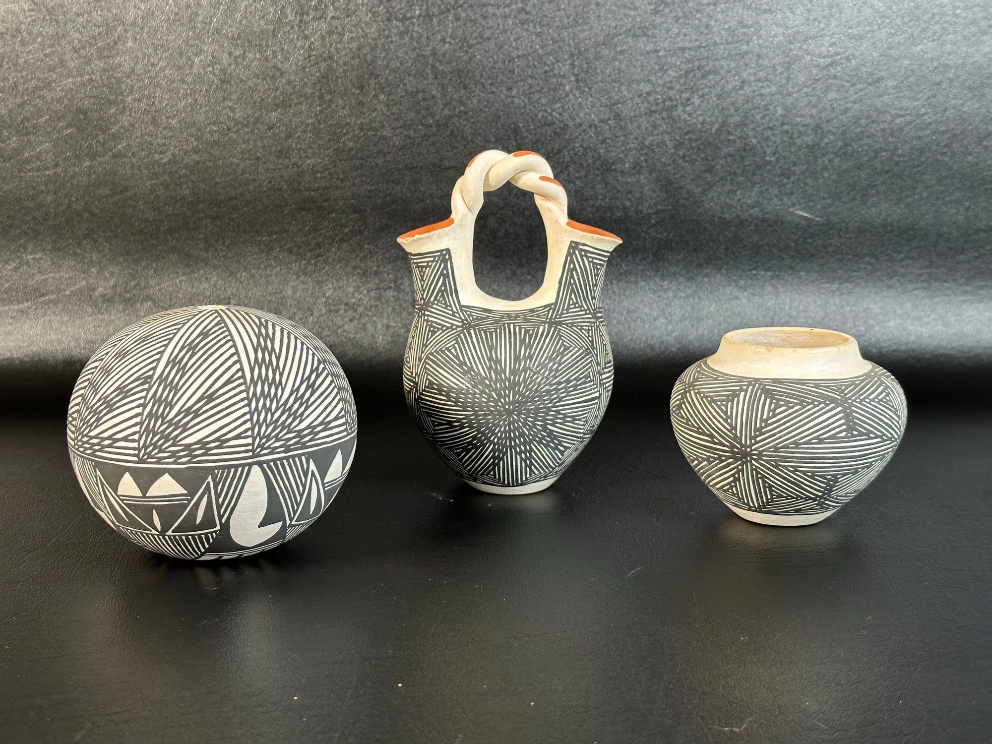 A Striking Group Of Small Acoma Pottery Pieces In Black & White, Signed ...