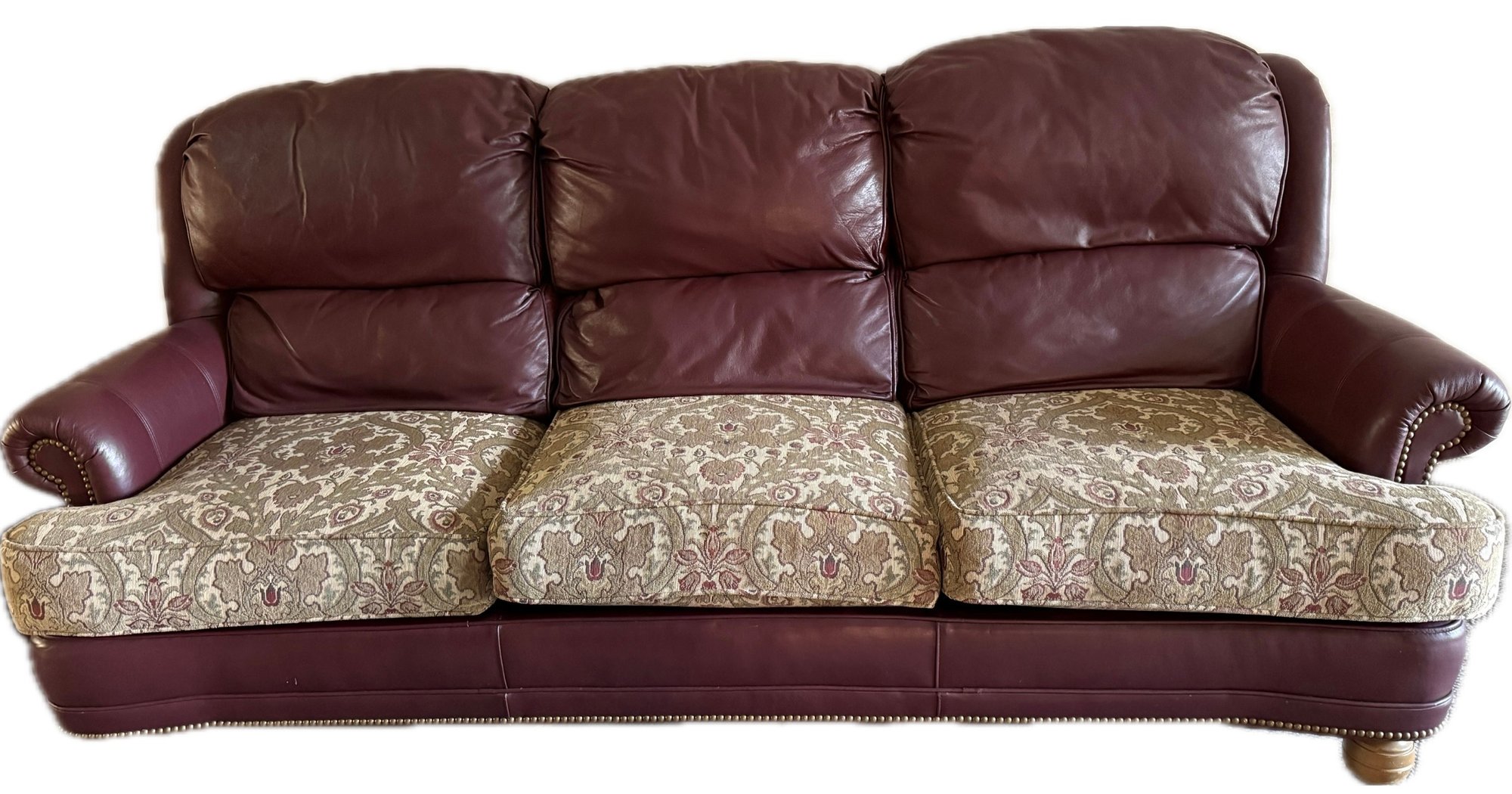 Distinction Leather Burgundy Leather & Tapestry Sofa Conover, NC ...