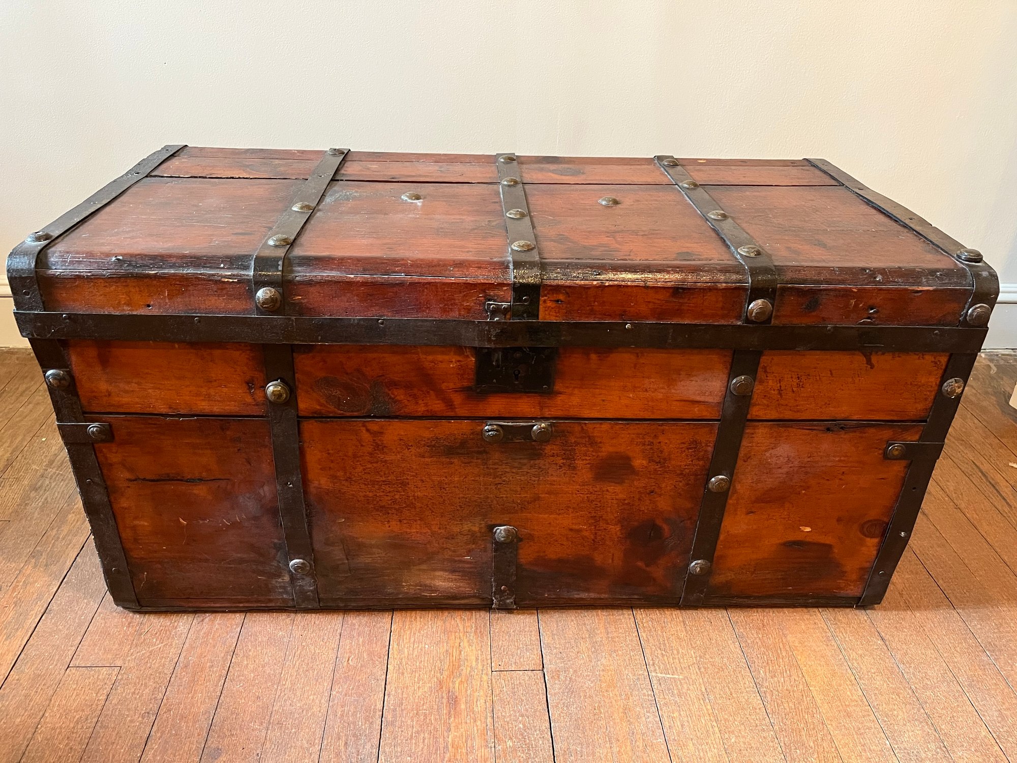 Large Vintage Wooden Storage Trunk With Iron Trim And Leather Handles ...