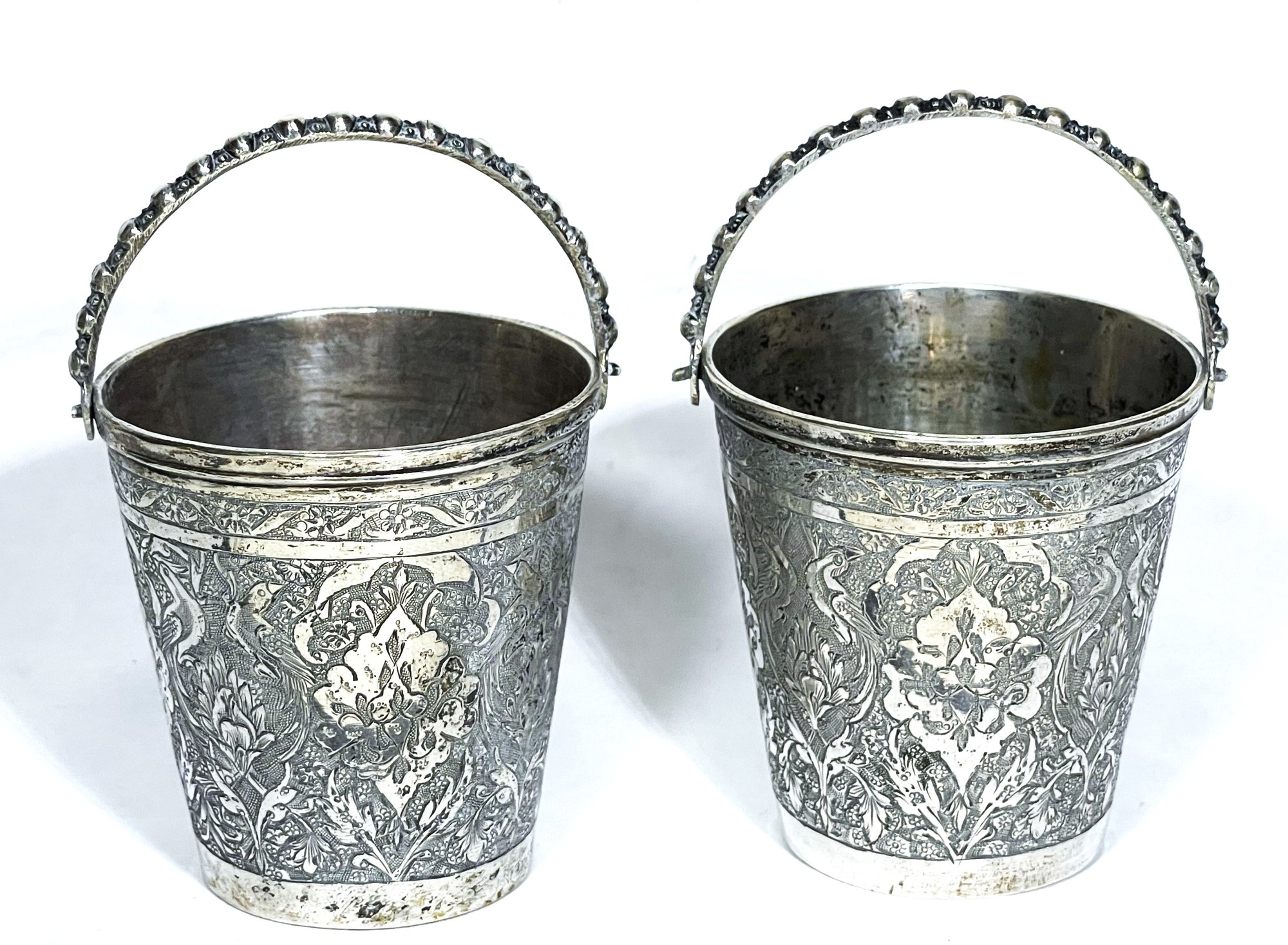 Pair Antique Sterling Silver Hallmarked Persian Bucket Formed Vessels ...