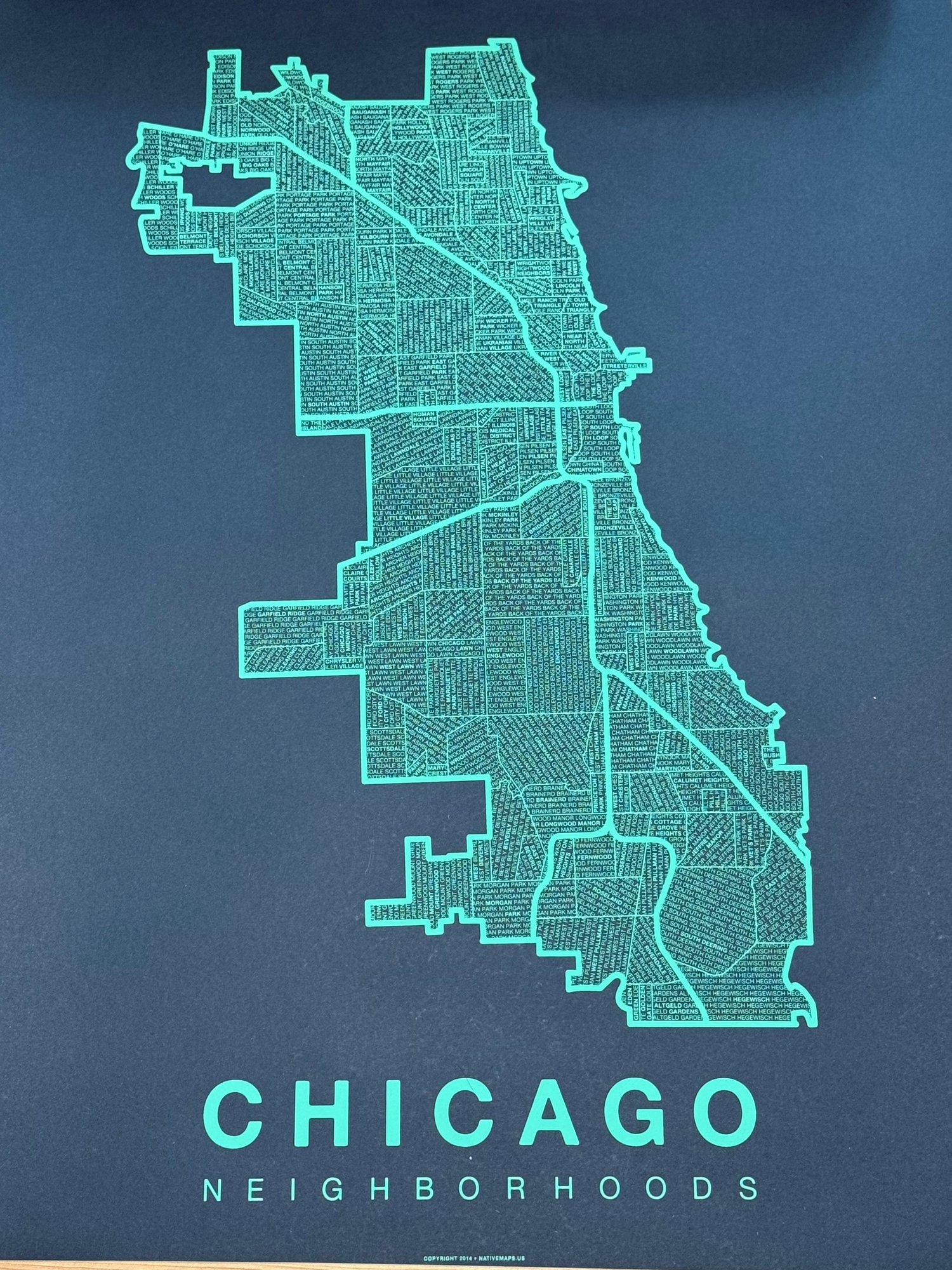 David Harman City Maps "Chicago Neighborhood" Teal On Navy Screen Print ...