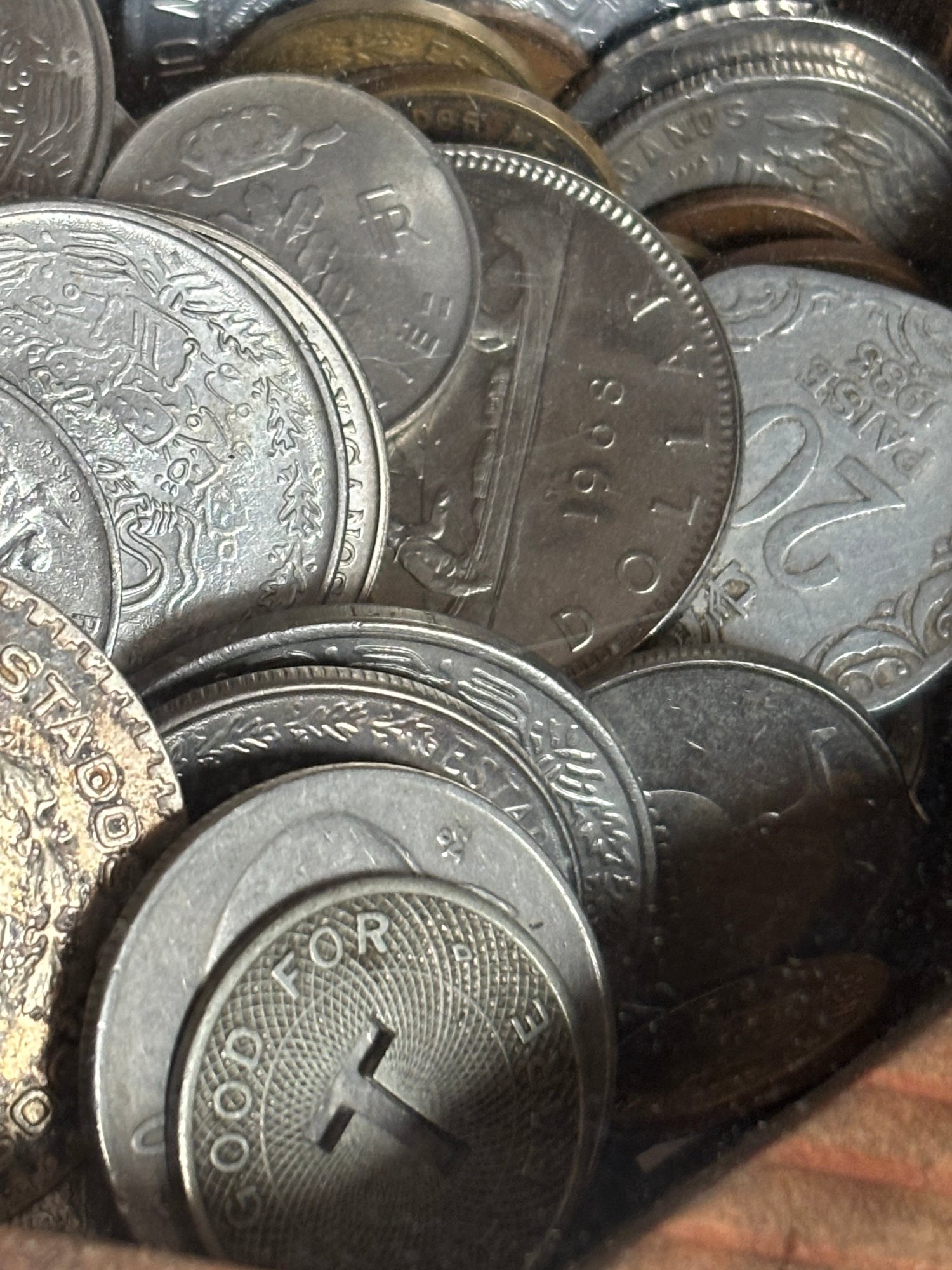 5" Squared Sealed Box With Mostly Foreign Coins,Some Tokens, Other ...