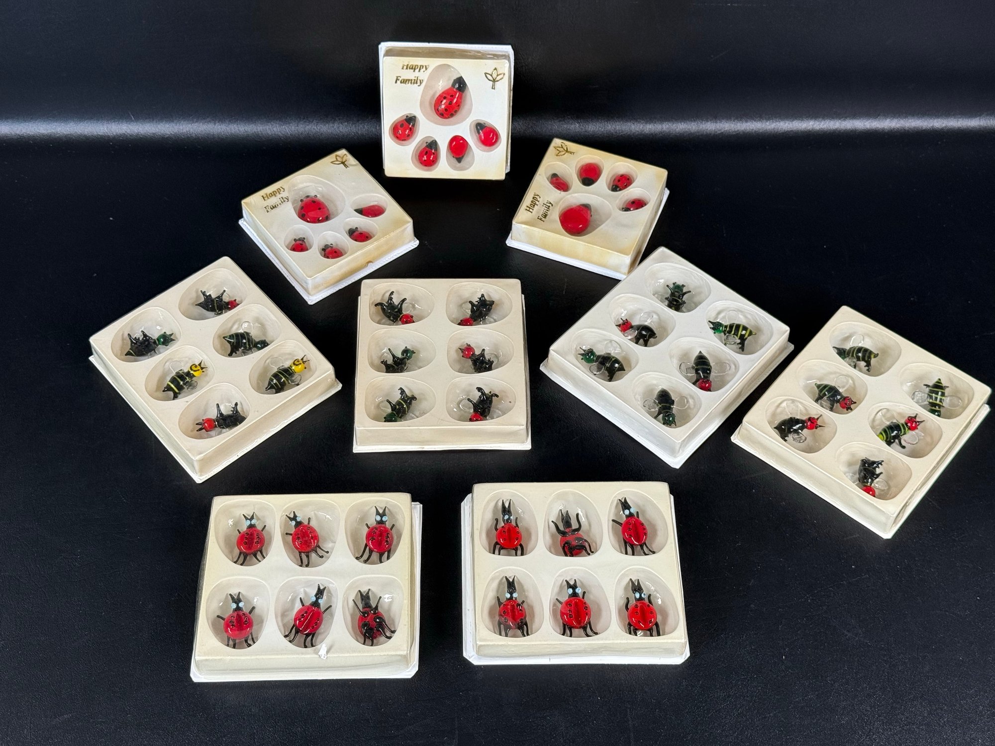 A Charming Assortment Of Art Glass Bugs In Their Original Packaging ...