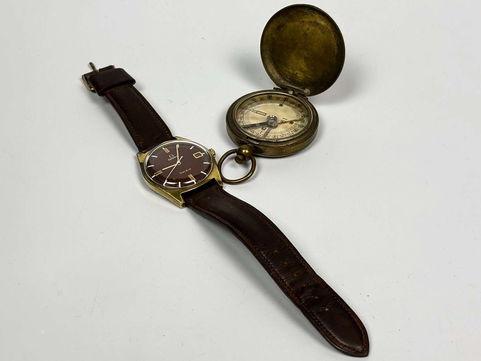 A Vintage Omega Swiss Watch And An Antique Brass Compass #40870313 ...