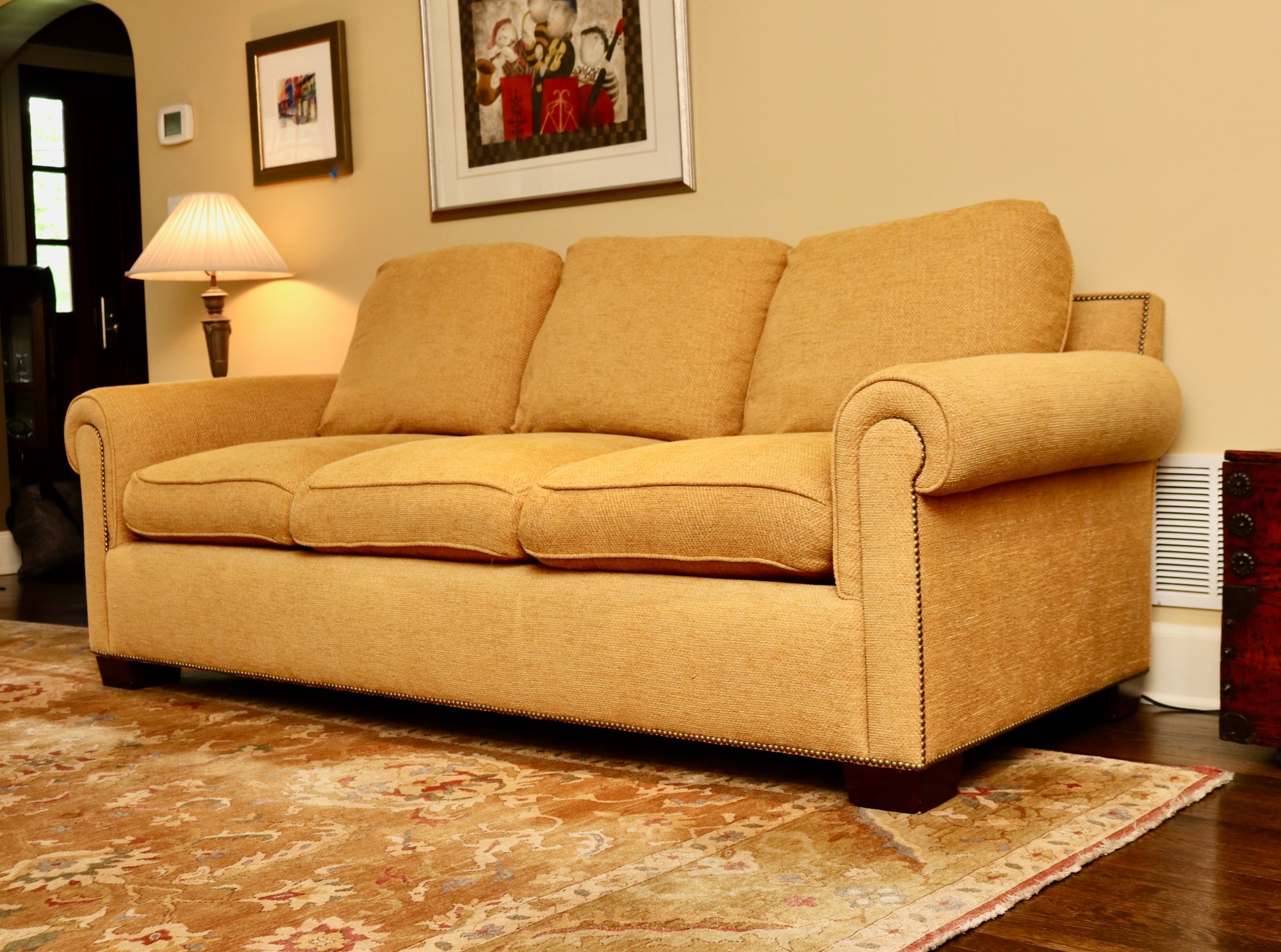 Butternut Chenille Down Loose 3-Cushion Sofa With Nailhead Trim And ...