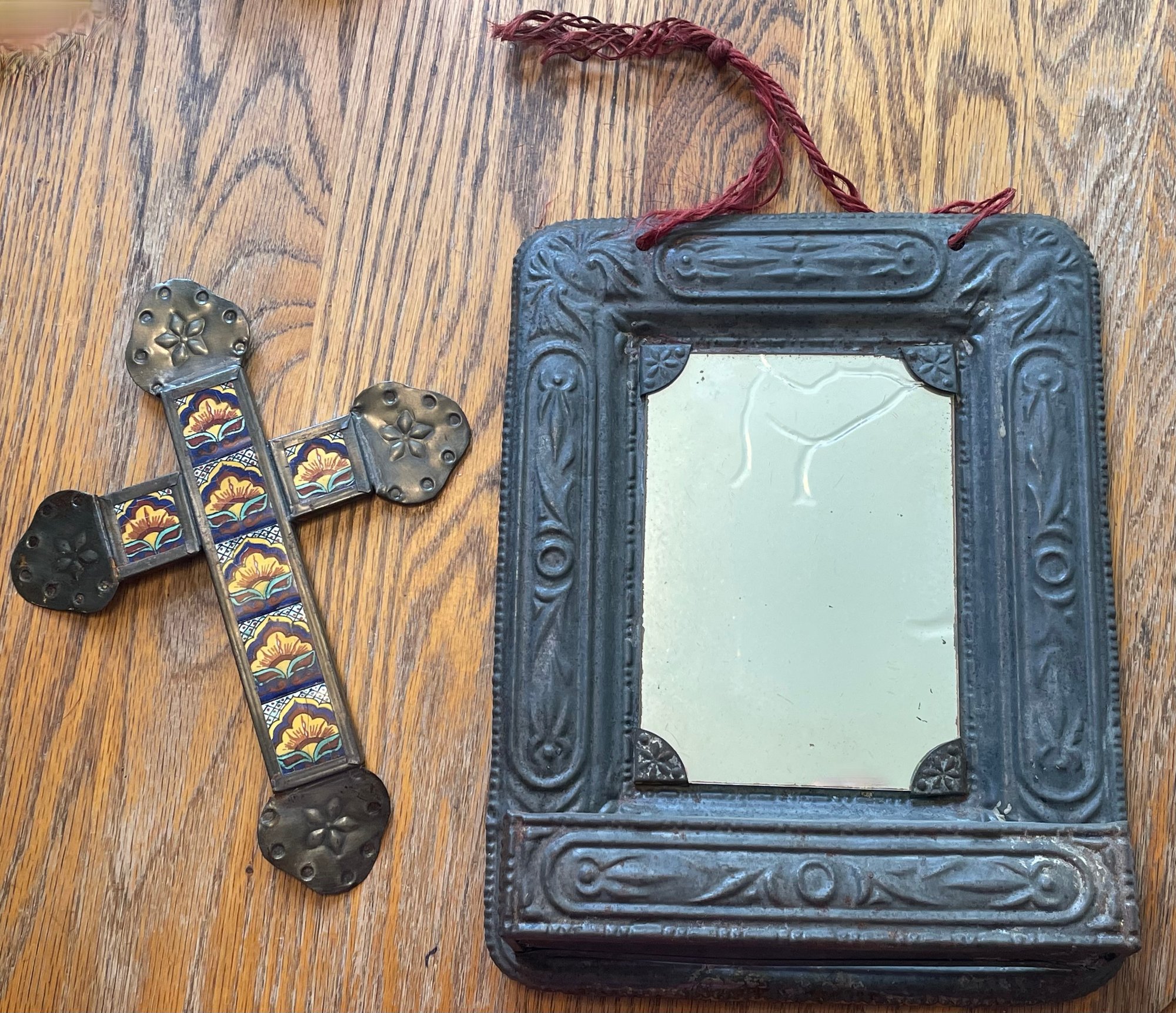 Two Rustic Embossed Tin Mexican Wall Hangings - Cross & Mirror #1943260 ...