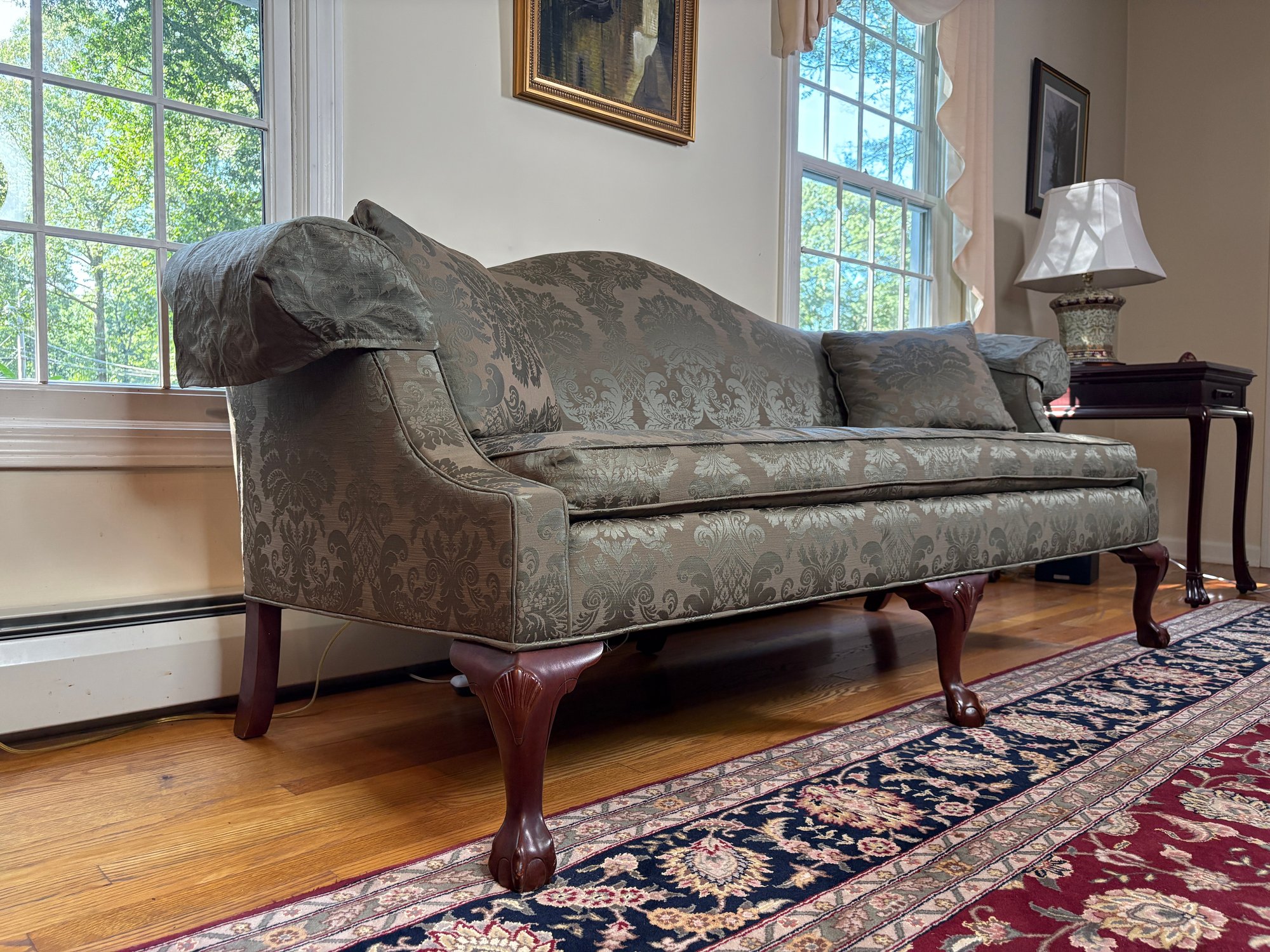 Ethan Allen Home Interiors Georgian Style Camelback Rolled Arm Sofa ...