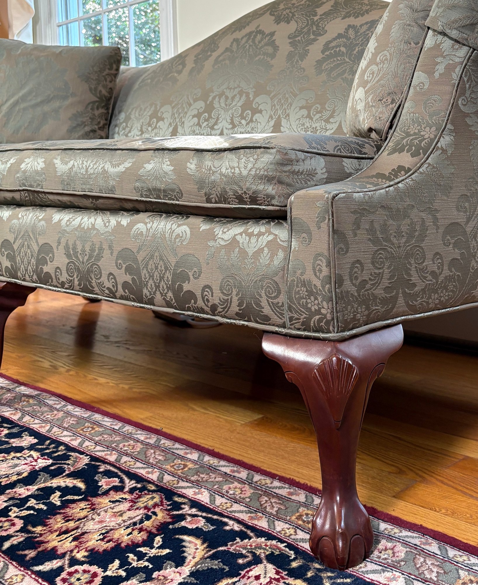 Ethan Allen Home Interiors Georgian Style Camelback Rolled Arm Sofa ...