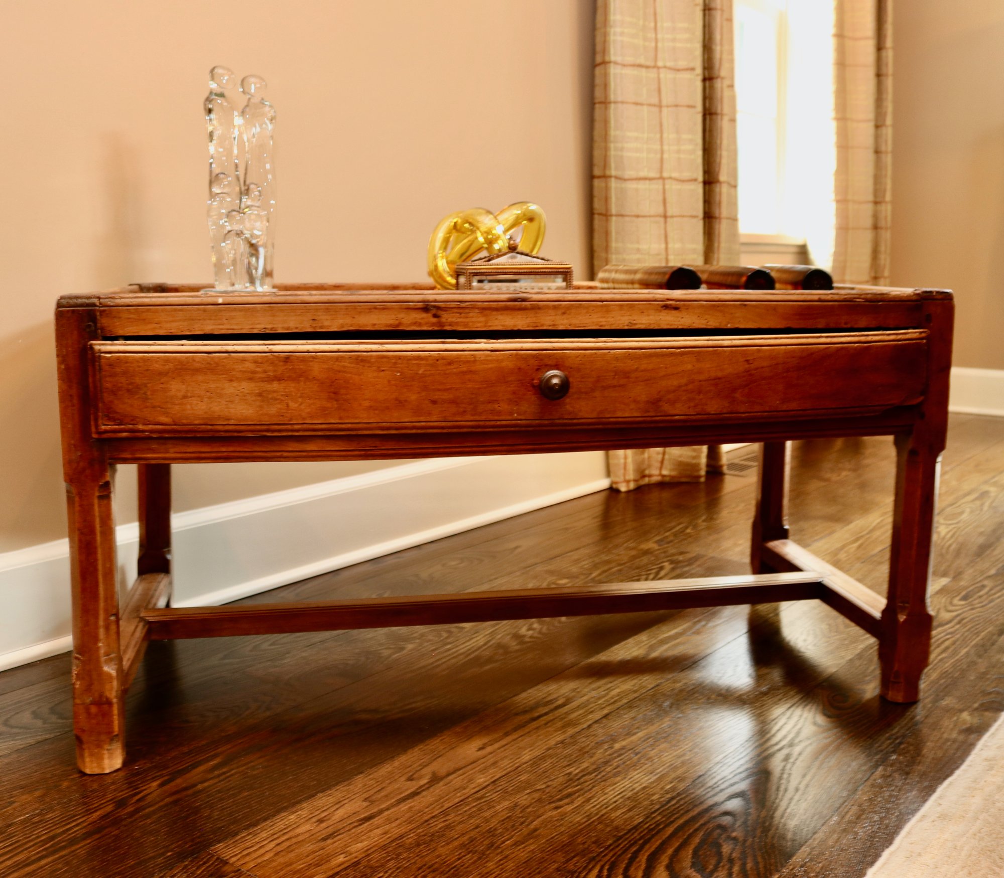 Antique Distressed Wood Plank Lipped Low Console Table With Drawer And ...