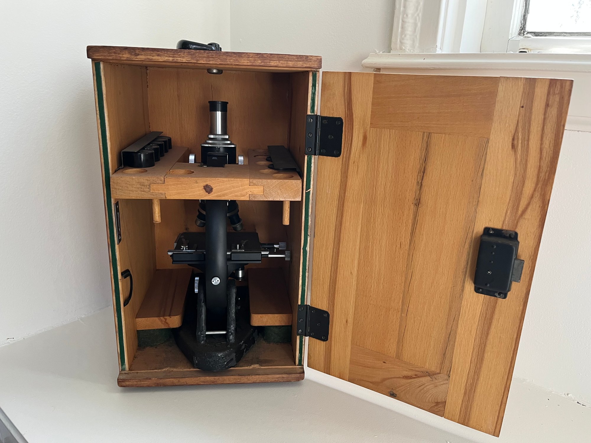 Vintage Czech MEOPTA Binocular Microscope In Hinged Wooden Box With Key ...