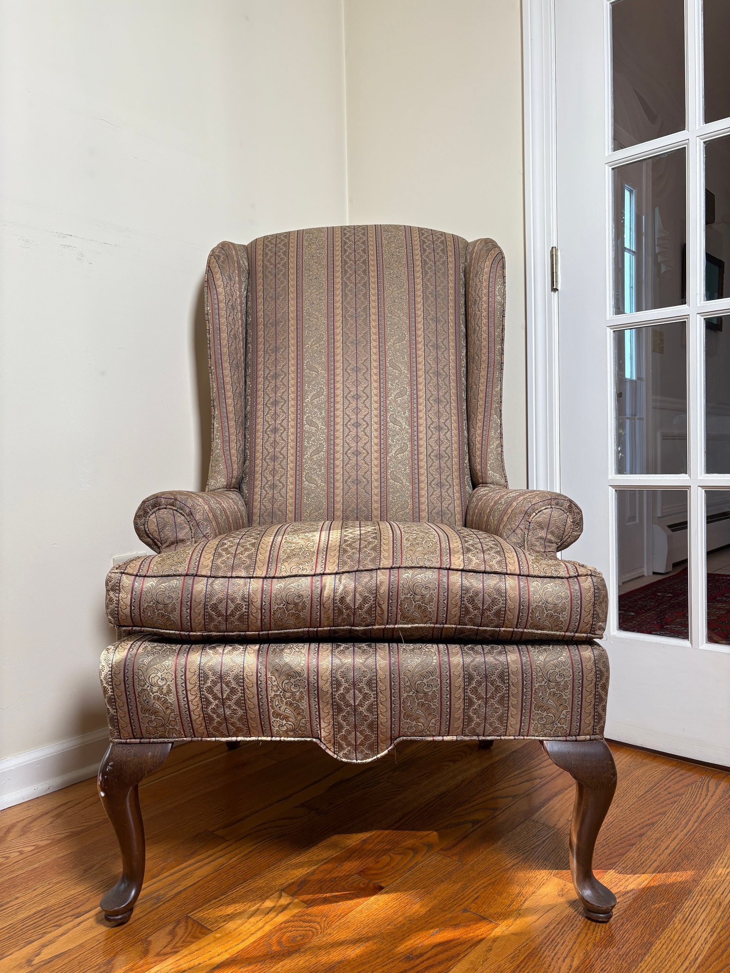 Pair Of Brocade Tapestry Upholstered Queen Anne Wing Back Chairs ...