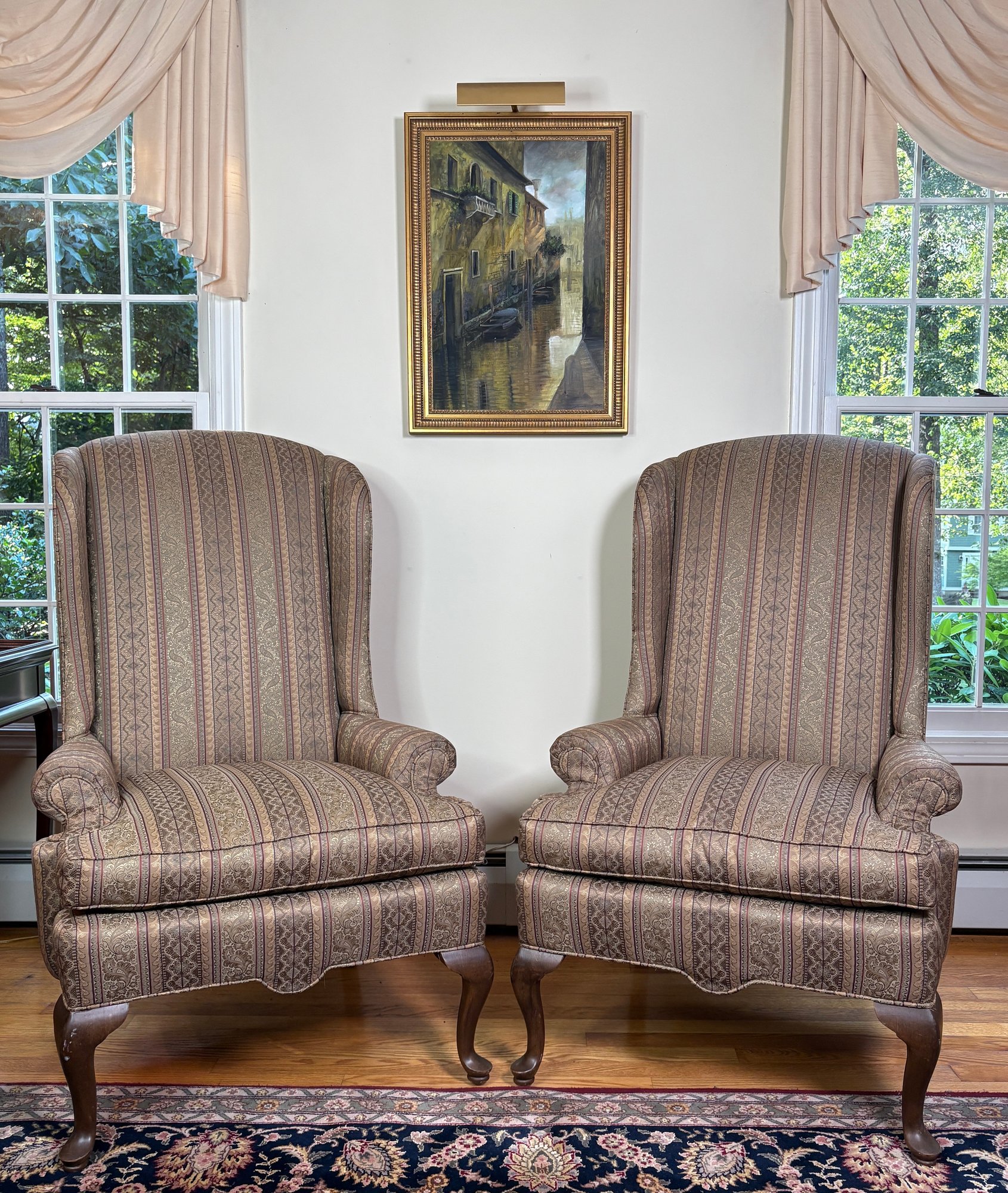 Pair Of Brocade Tapestry Upholstered Queen Anne Wing Back Chairs ...