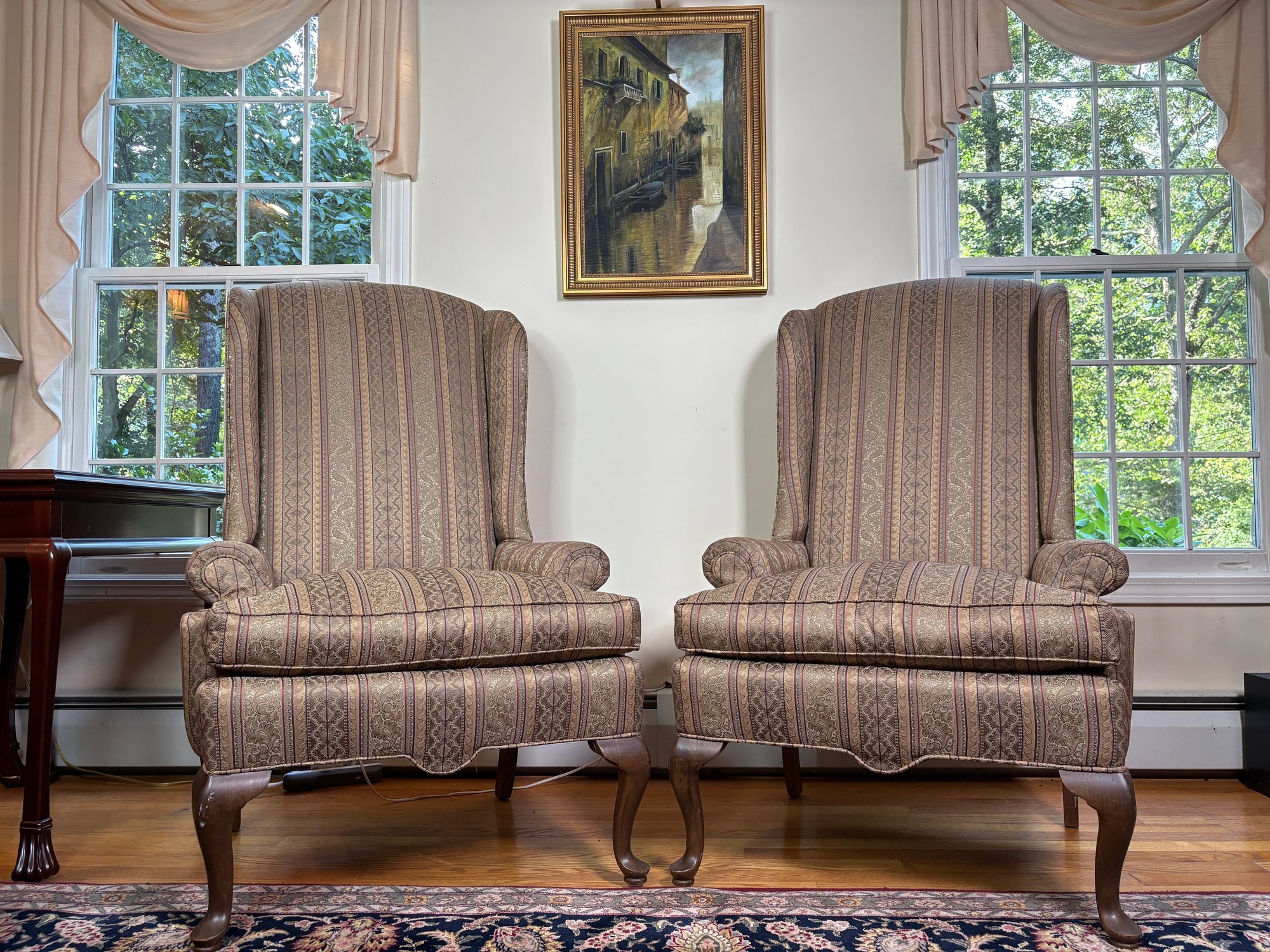 Pair Of Brocade Tapestry Upholstered Queen Anne Wing Back Chairs ...