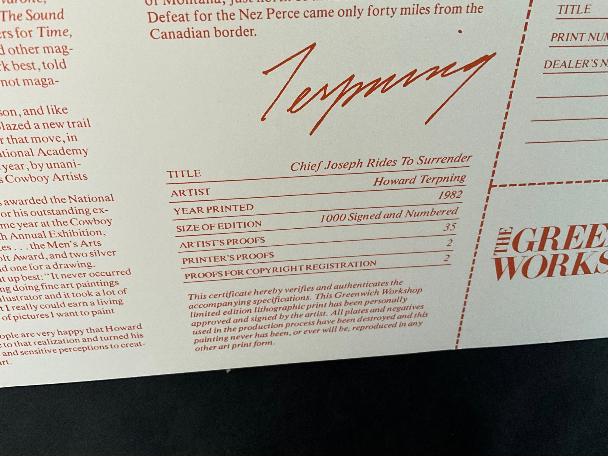 Limited Edition Print 25/1000 ~ Howard Terpning ~ Chief Joseph Rides To ...