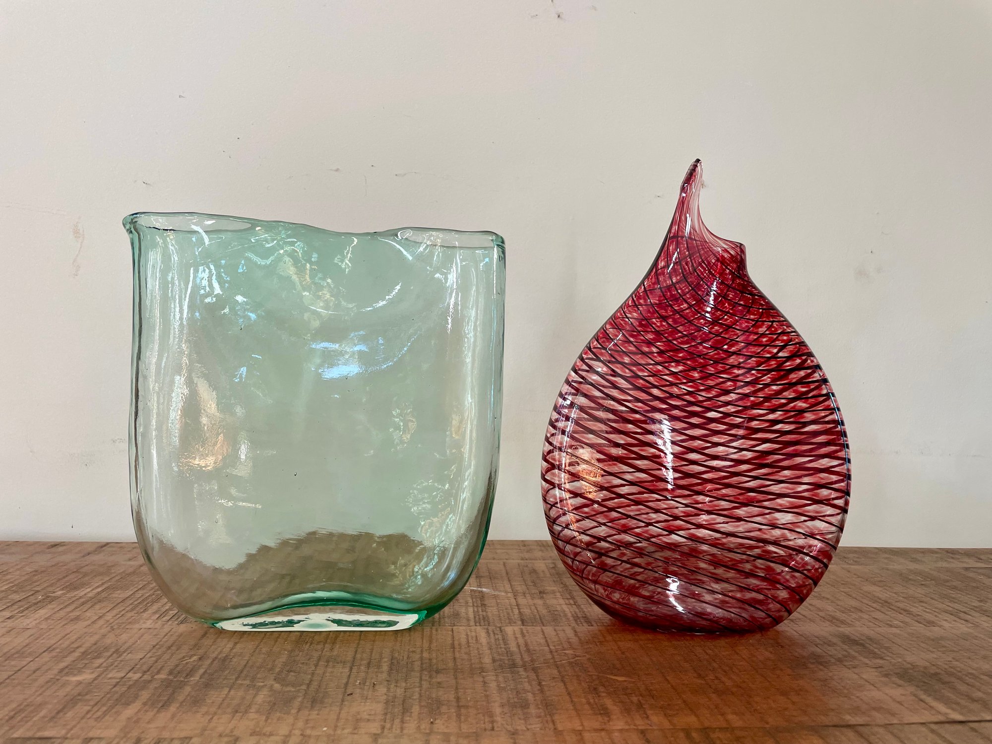 Red Swirl & Pale Green Narrow Form Art Glass Vases #1955515 ...