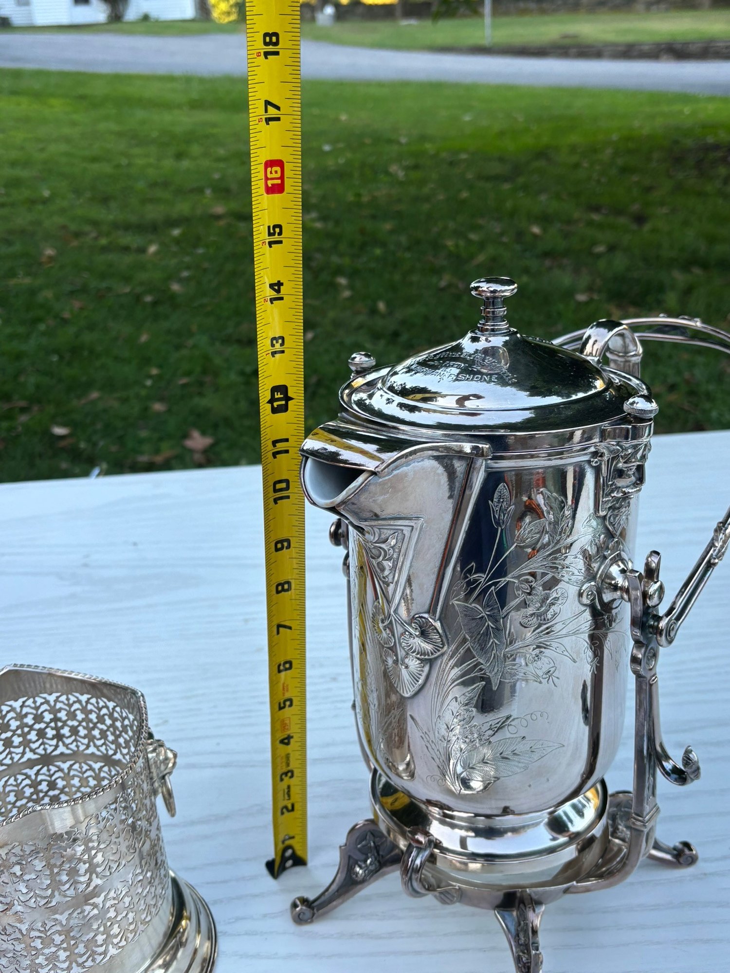 An Antique English Silver Tea Pot In Pouring Stand And Accessories ...
