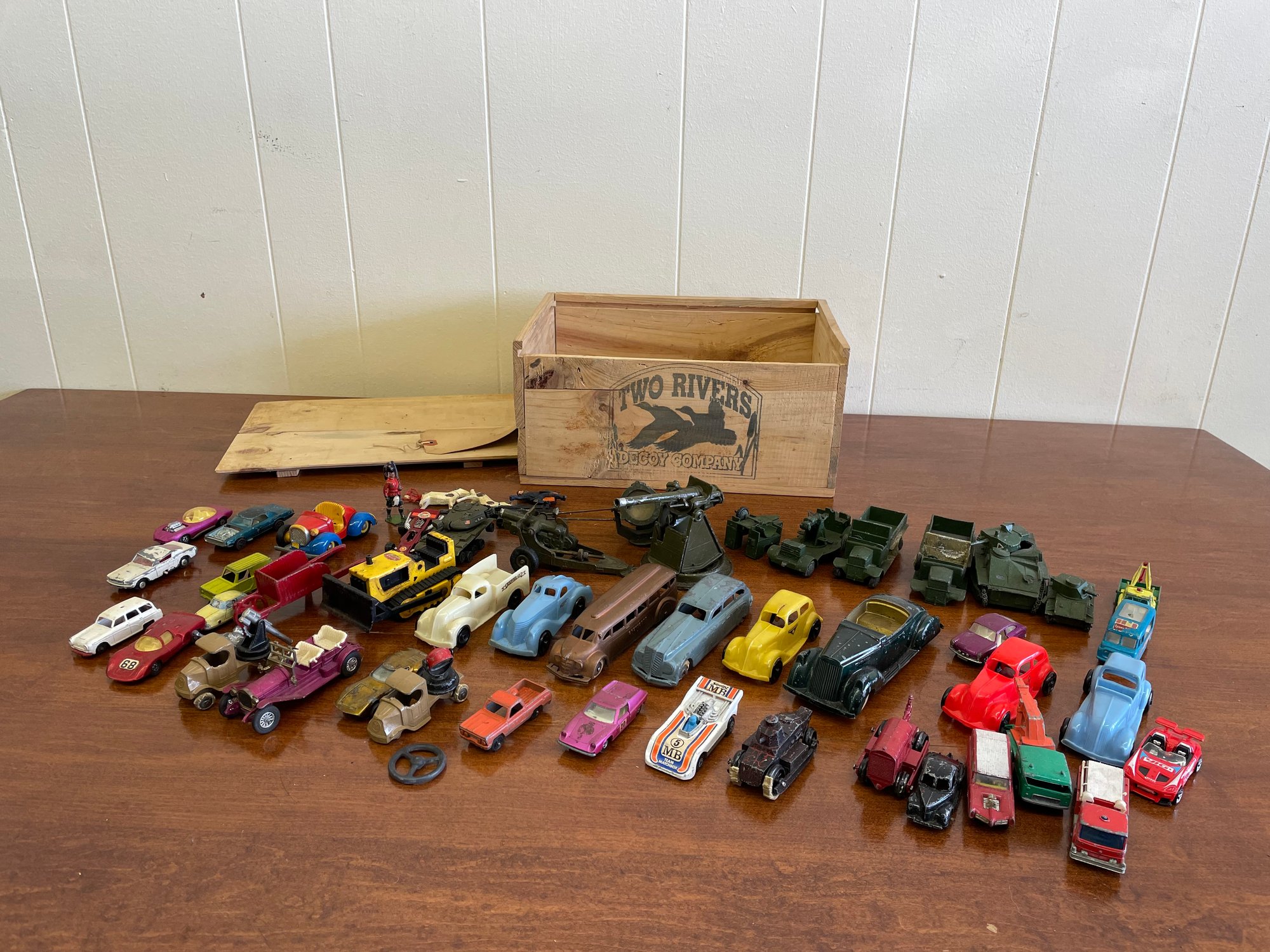 Collection Of Vintage Model Toy Cars And Army Vehicle In Wooden Duck ...