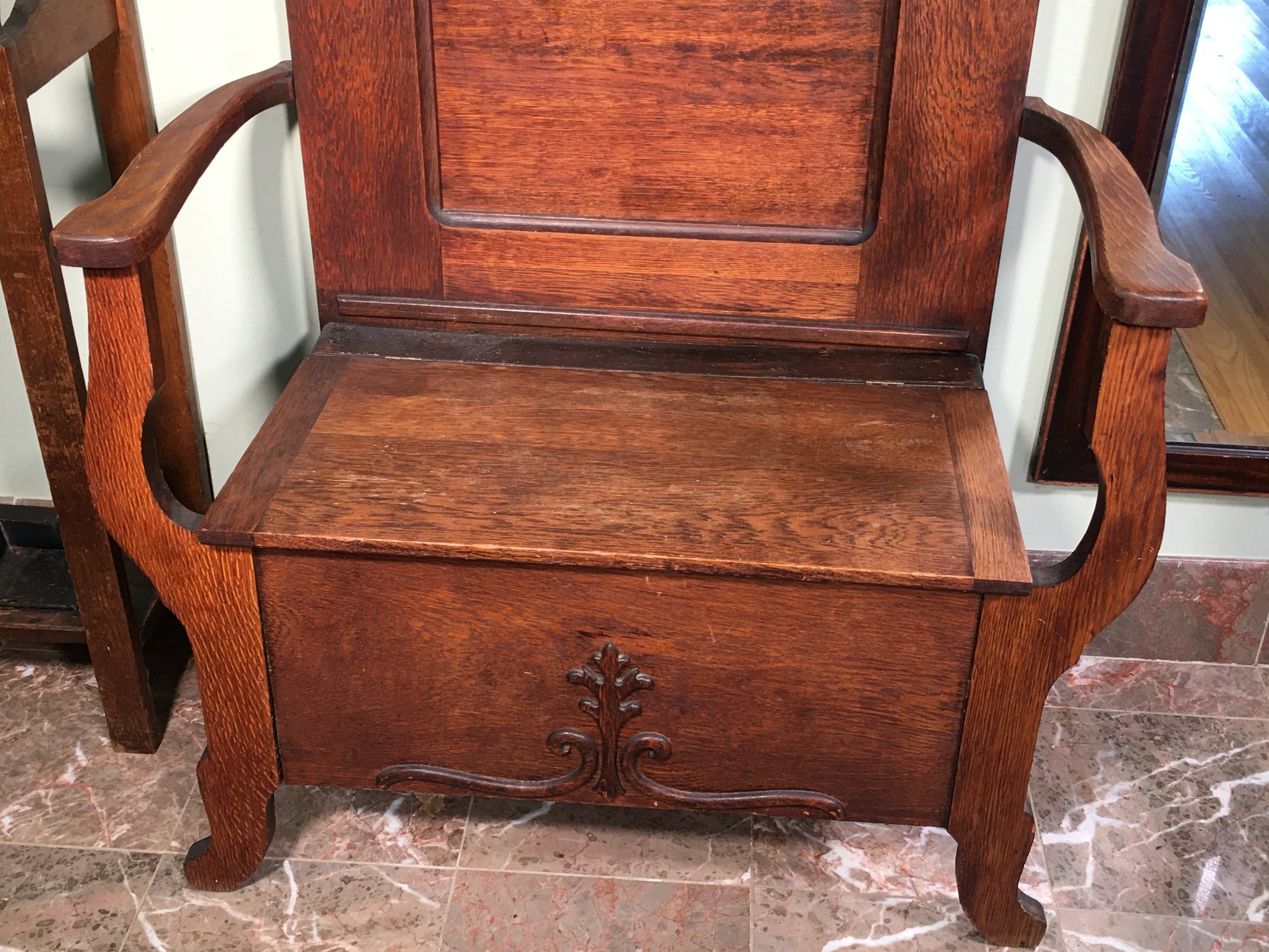 Antique 19th C Victorian Hall Bench In Solid Tiger Oak With Flip Up ...