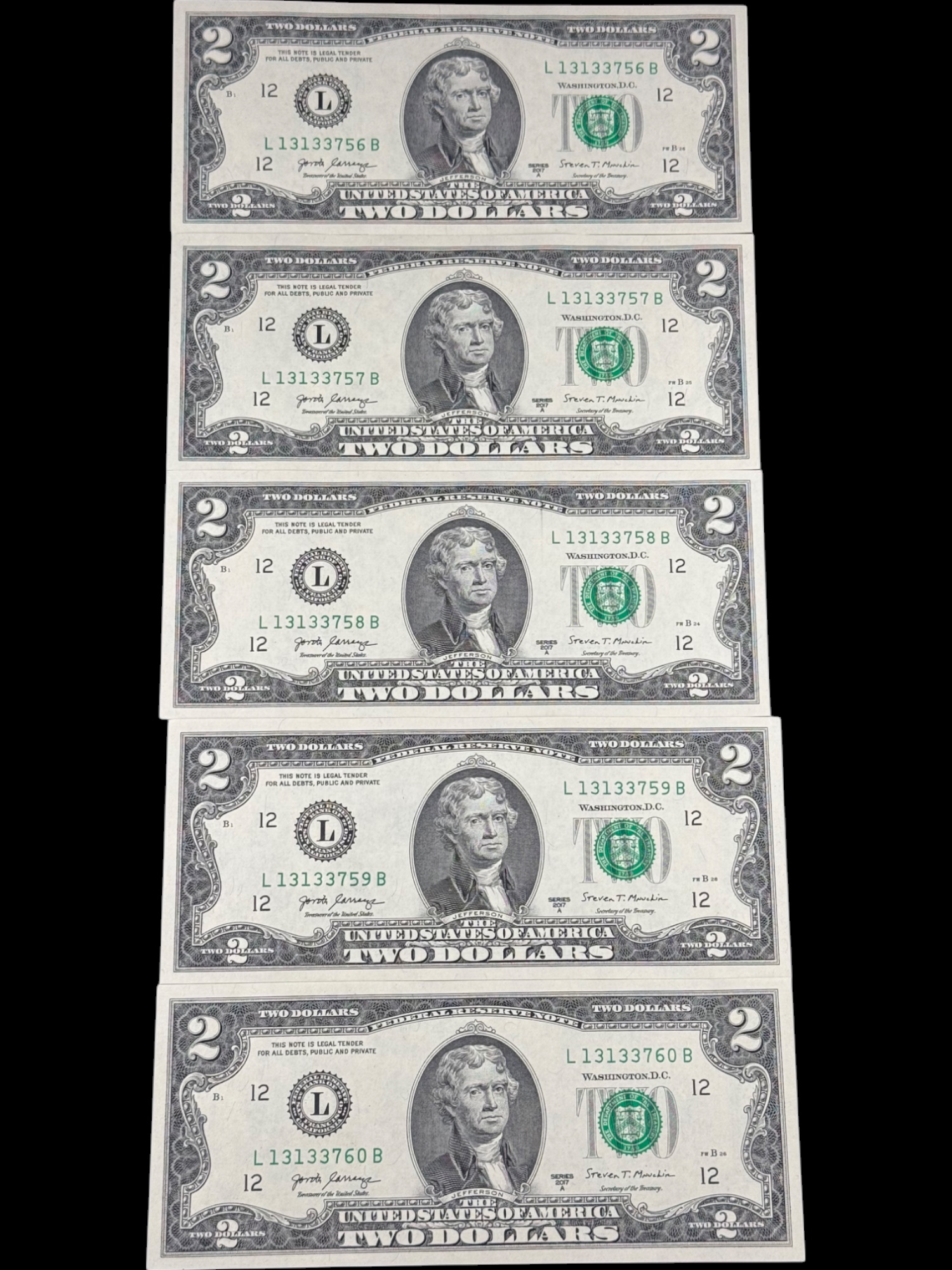 5- 2017 $2.00 Bills In Numeric Order #2090974 | Auctionninja.com