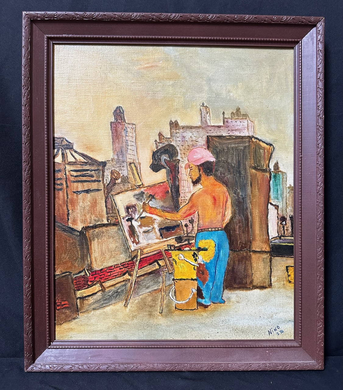 Nino, Oil On Canvas, Ellie Painting A Rooftop Scene, New York - July ...