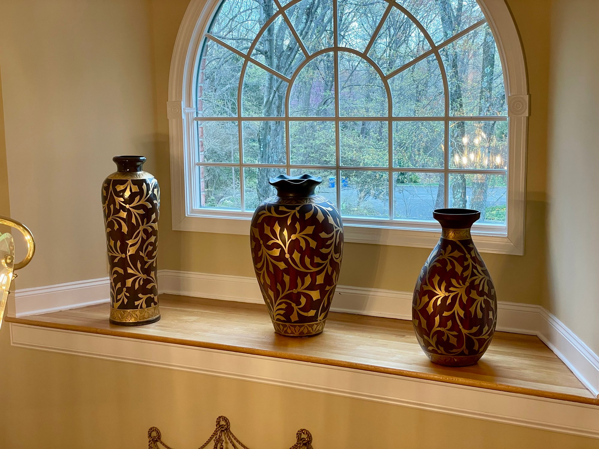 Three Very Large Maroon & Gilt Hued Metal Decorative Floor Vases ...