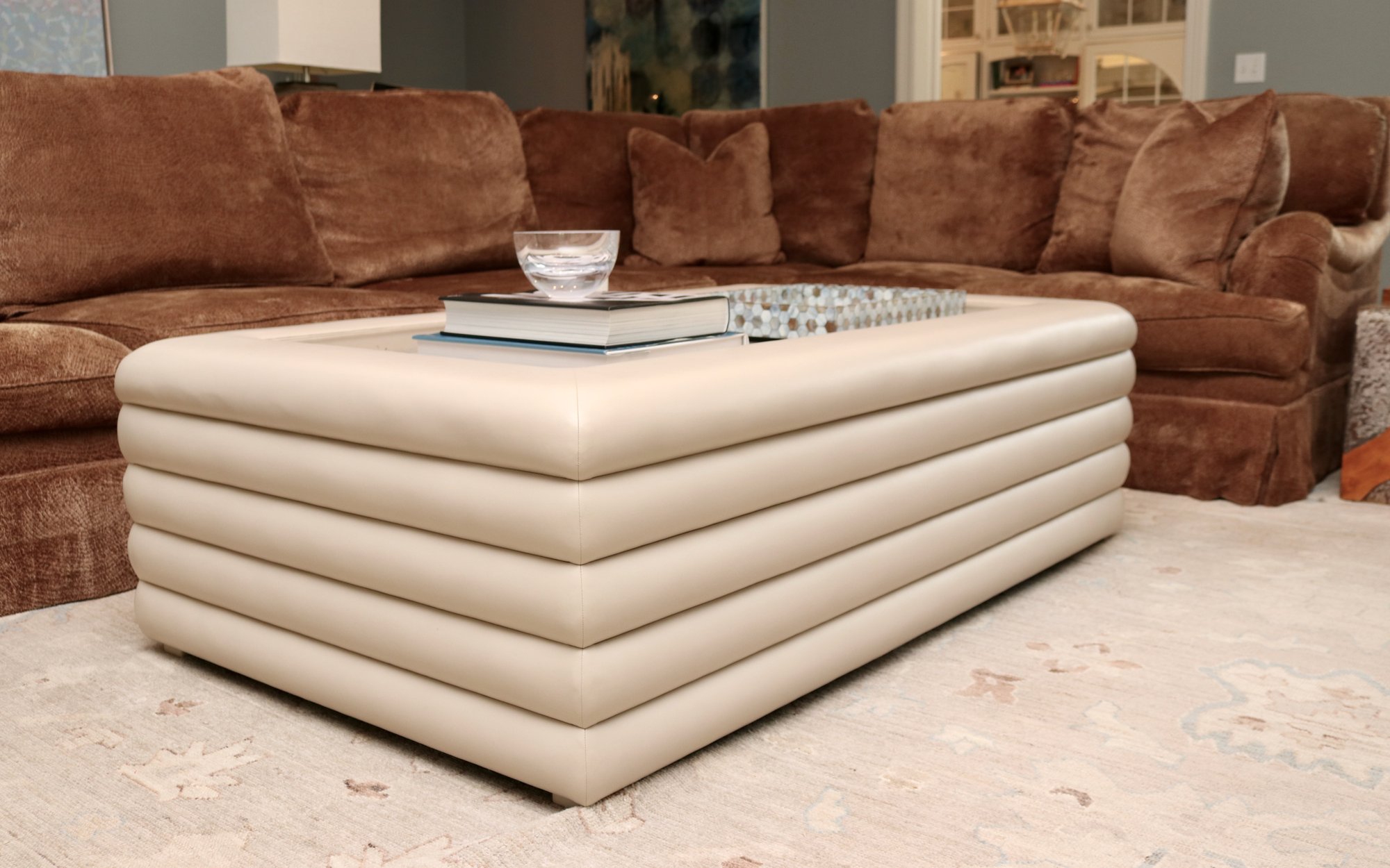 Champagne Channel Leather Rectangular Upholstered Ottoman Table With ...